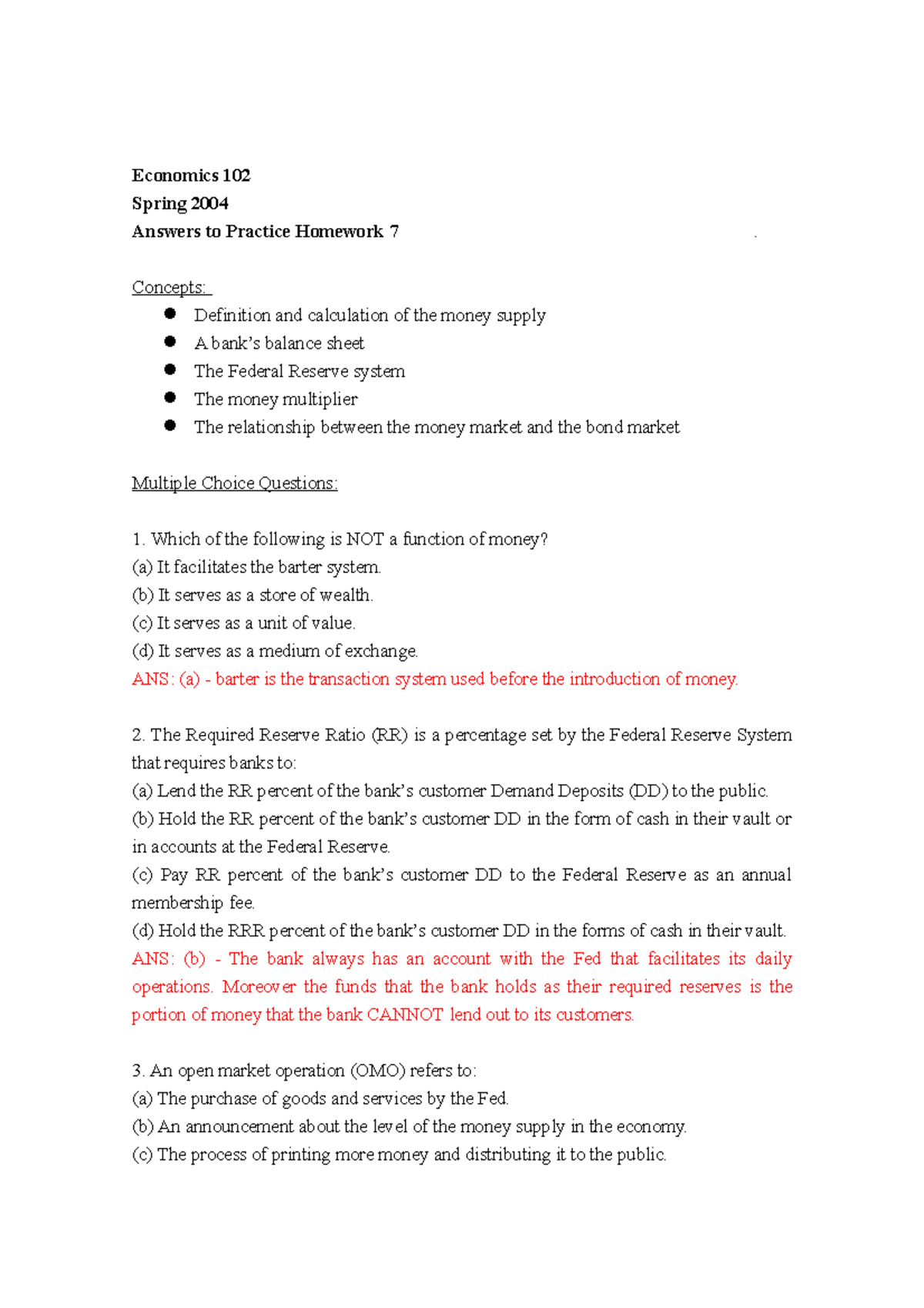 Answerstopracticequestions 7spring 2004 - Economics 102 Spring 2004 ...