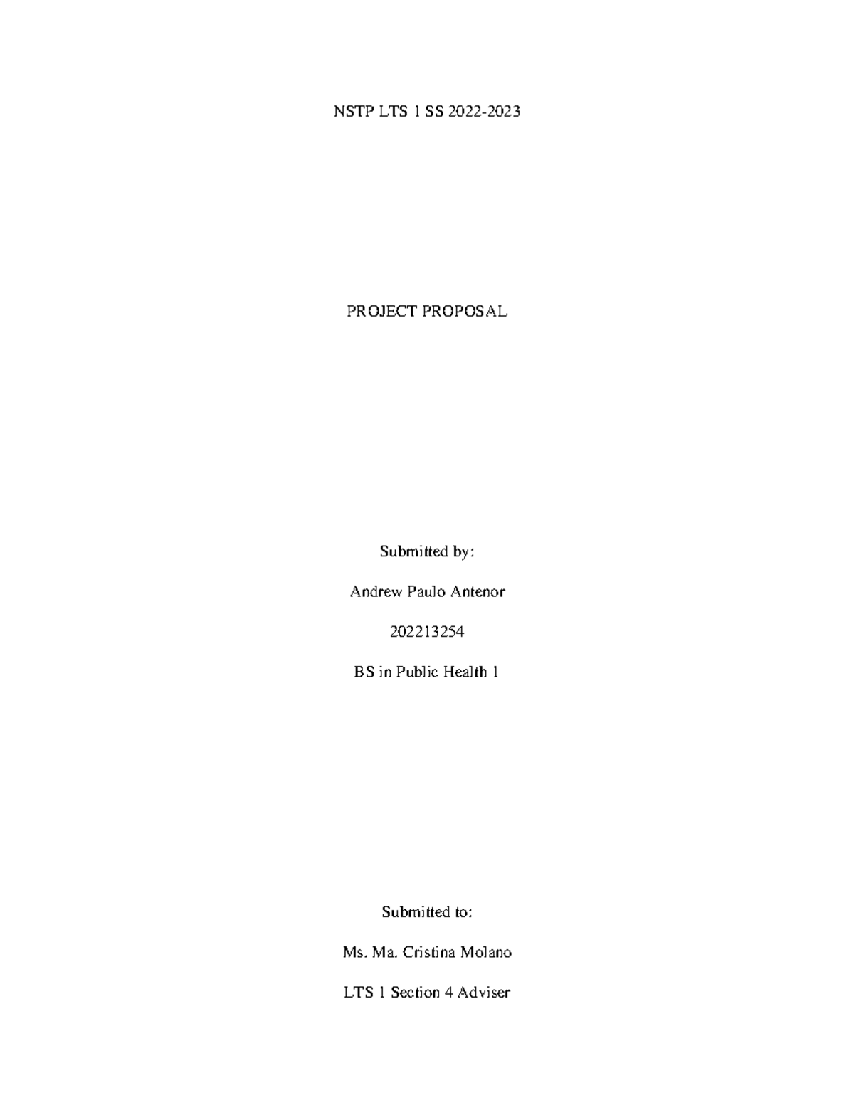LTS Proposal Antenor - NSTP LTS 1 SS 2022- PROJECT PROPOSAL Submitted ...