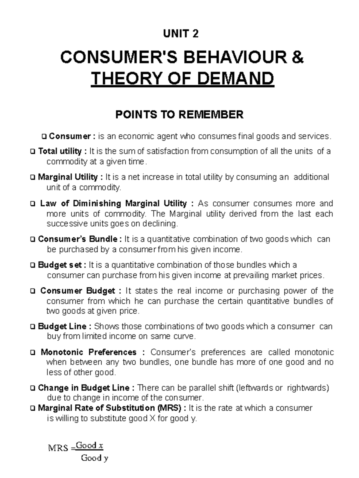 Micro UNIT 2 Notes - economics - UNIT 2 CONSUMER'S BEHAVIOUR & THEORY ...