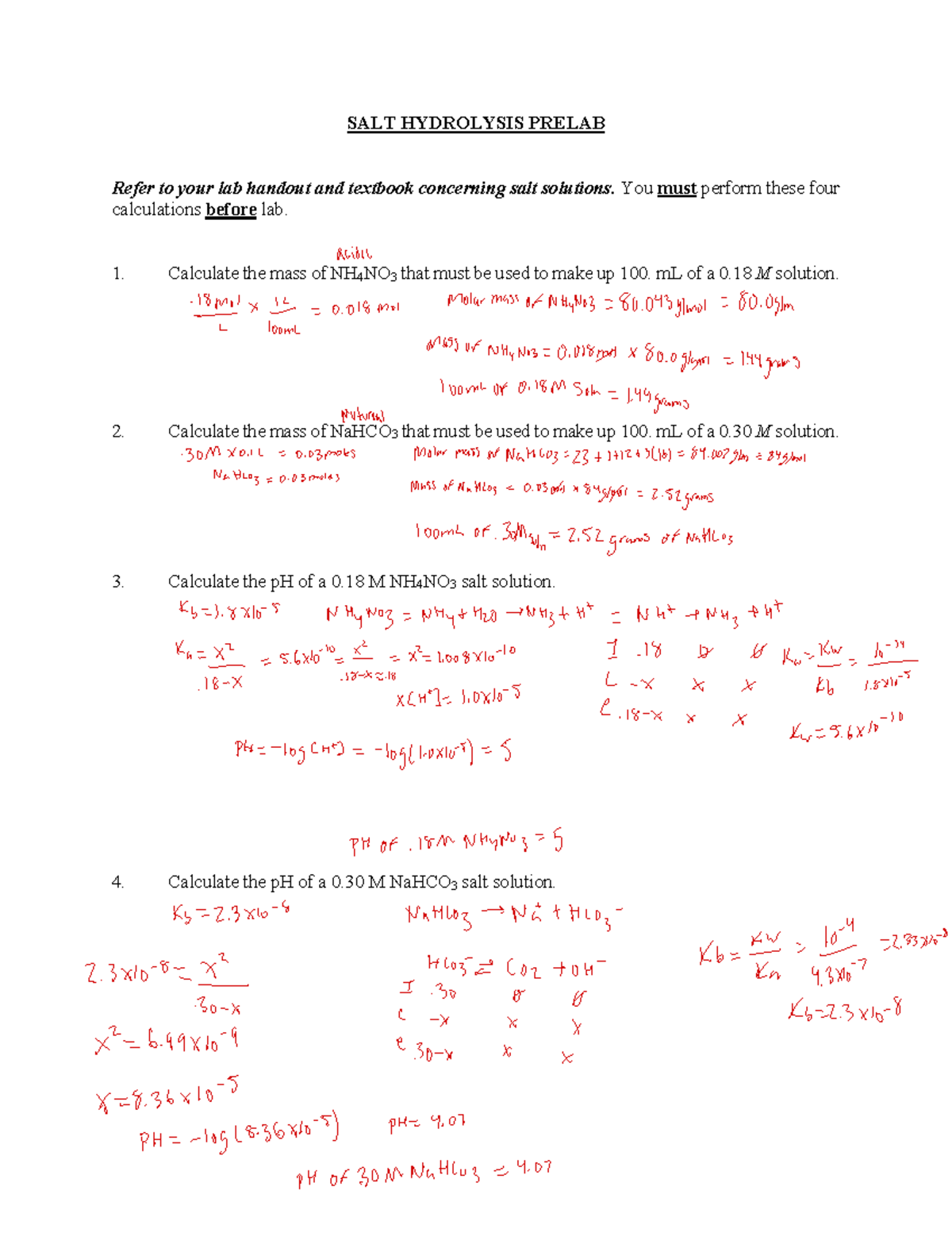 Chem pre Lab pdf - Pre lab for final - SALT HYDROLYSIS PRELAB Refer to ...