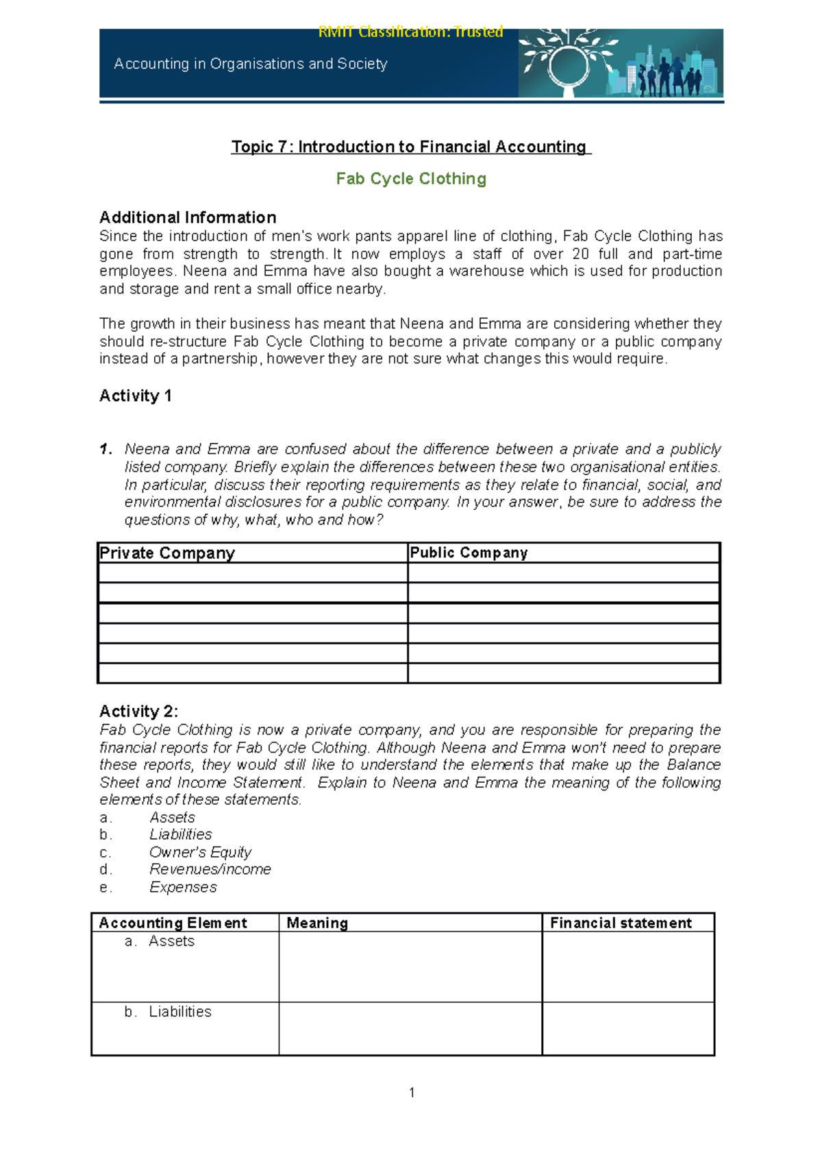 Week 8 Topic 7 Class Activities - Topic 7: Introduction to Financial Accounting Fab Cycle ...