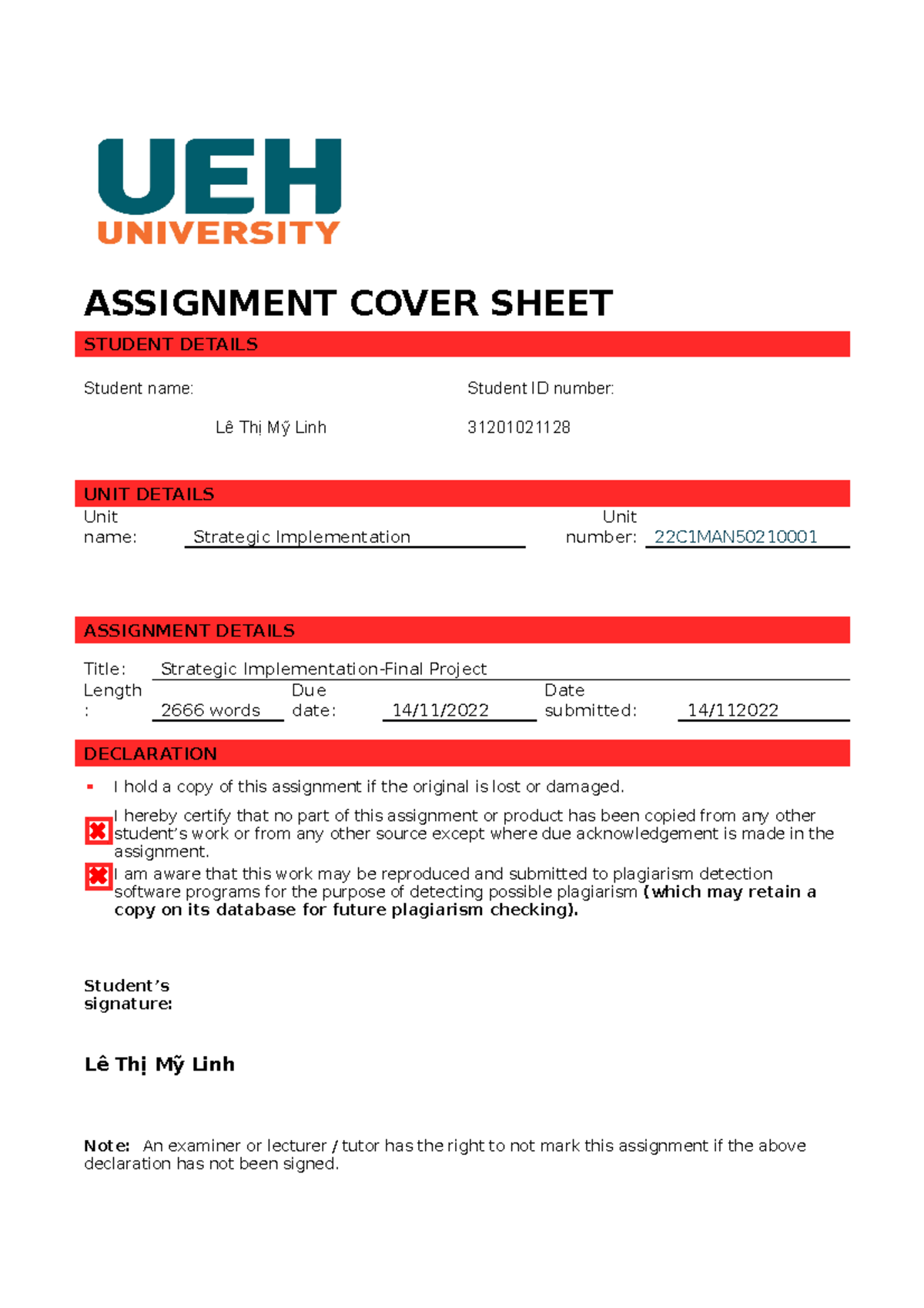 Final exam-SI - ASSIGNMENT COVER SHEET STUDENT DETAILS Student name: Lê ...
