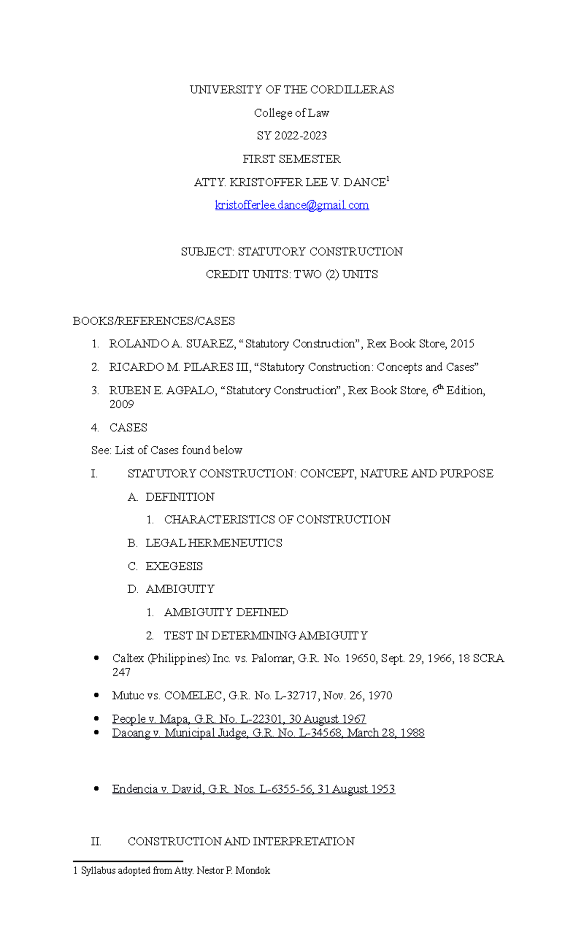 Course outline Statutory Construction Canvas - UNIVERSITY OF THE ...