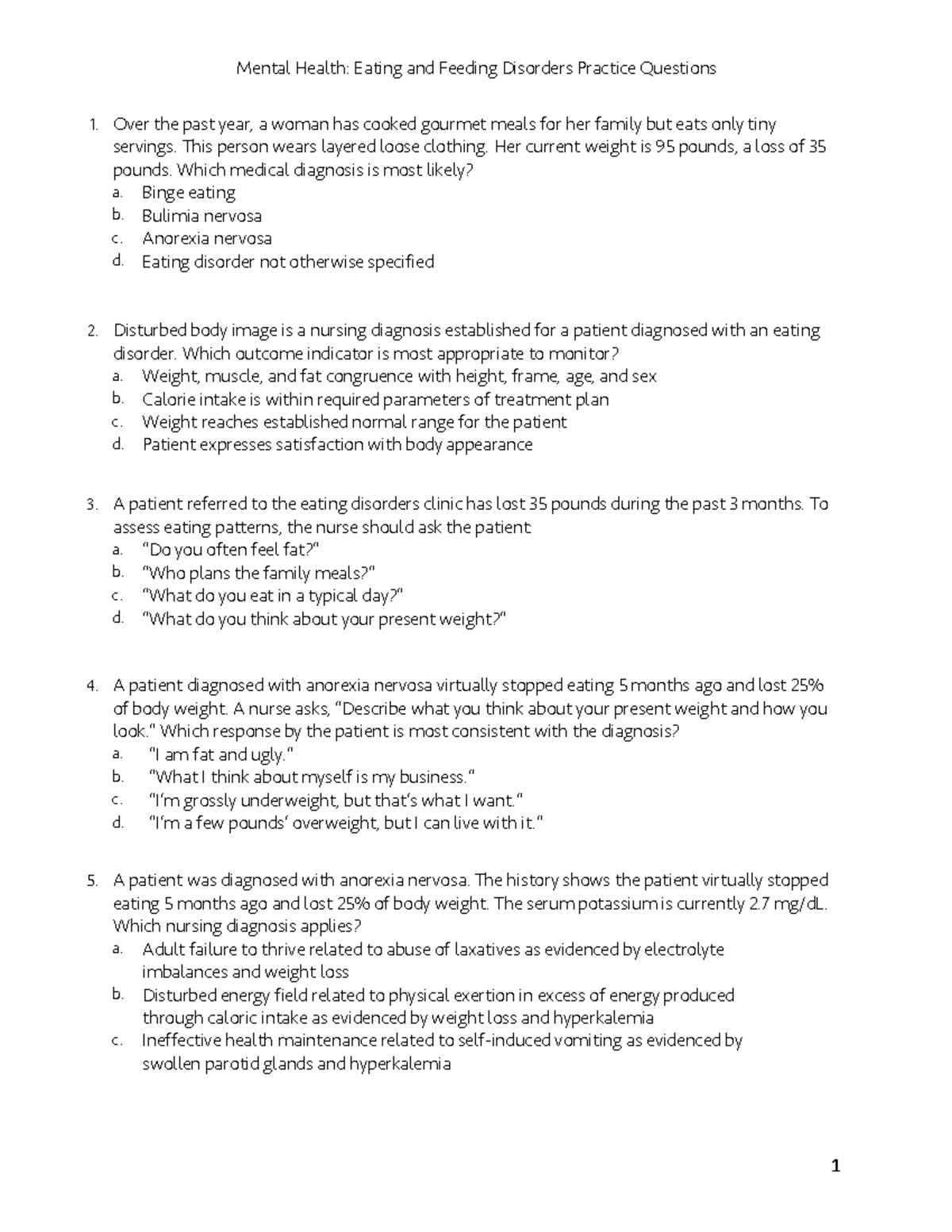 MH QB - Eating Disorders Practice Questions pdf - 1. Over the past year ...