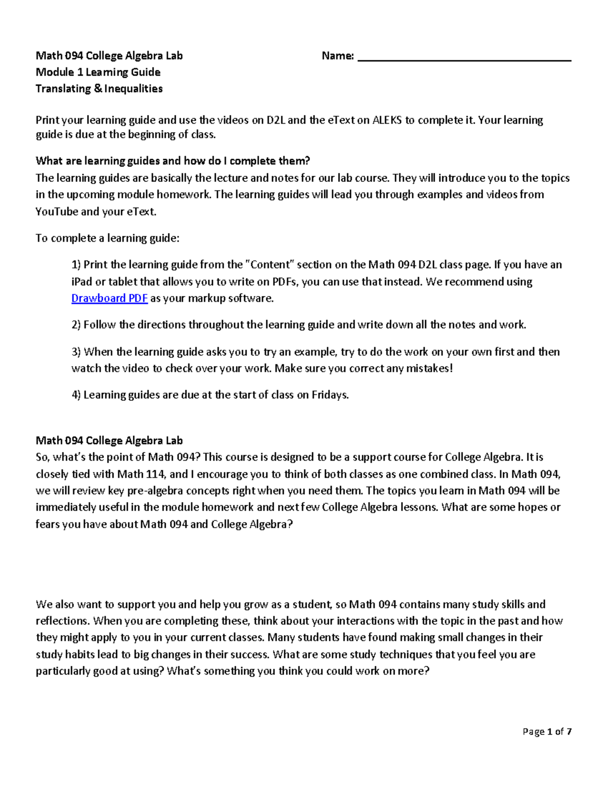 Math 094 Module 1 Learning Guide 1 - Math 094 College Algebra Lab Name ...