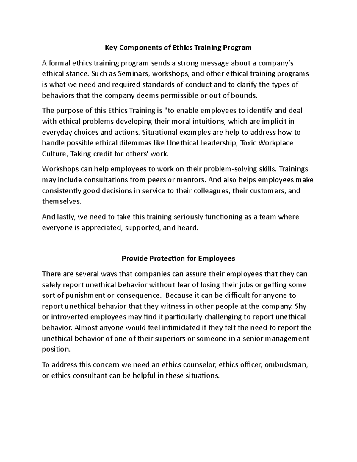 Key Components of Ethics Training Program - Such as Seminars, workshops ...