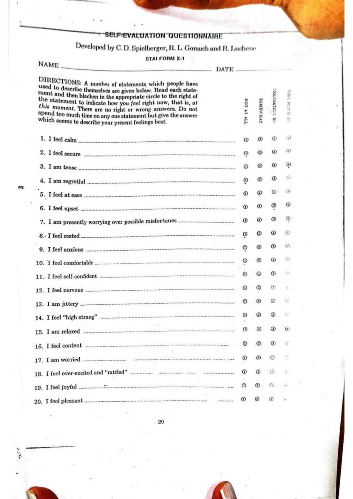 State trait anxiety scale performa - SELF:EVALUATION QUESTIONNATRE ...