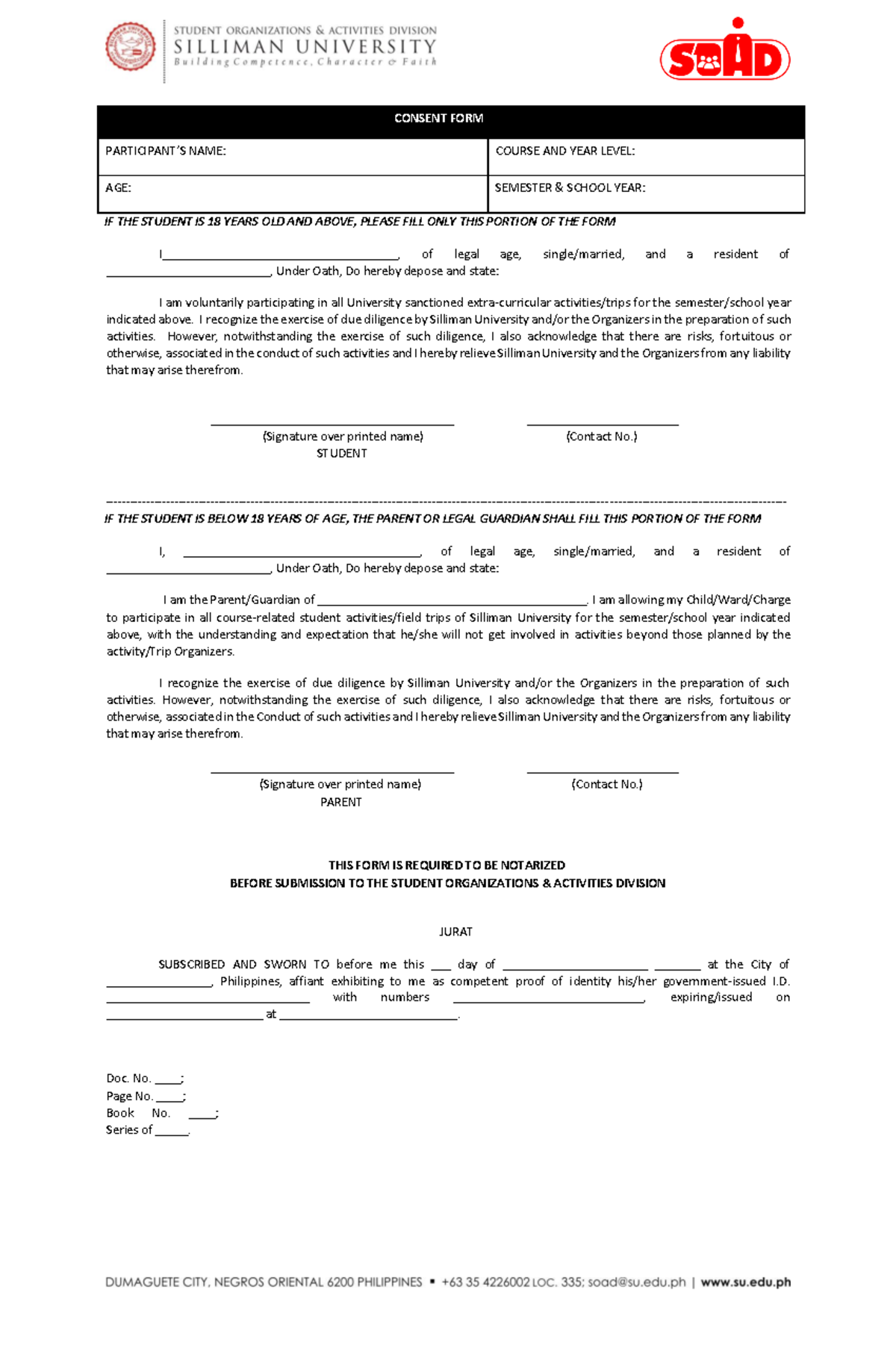 SOAD Consent Form - n/a - CONSENT FORM PARTICIPANT’S NAME: COURSE AND ...