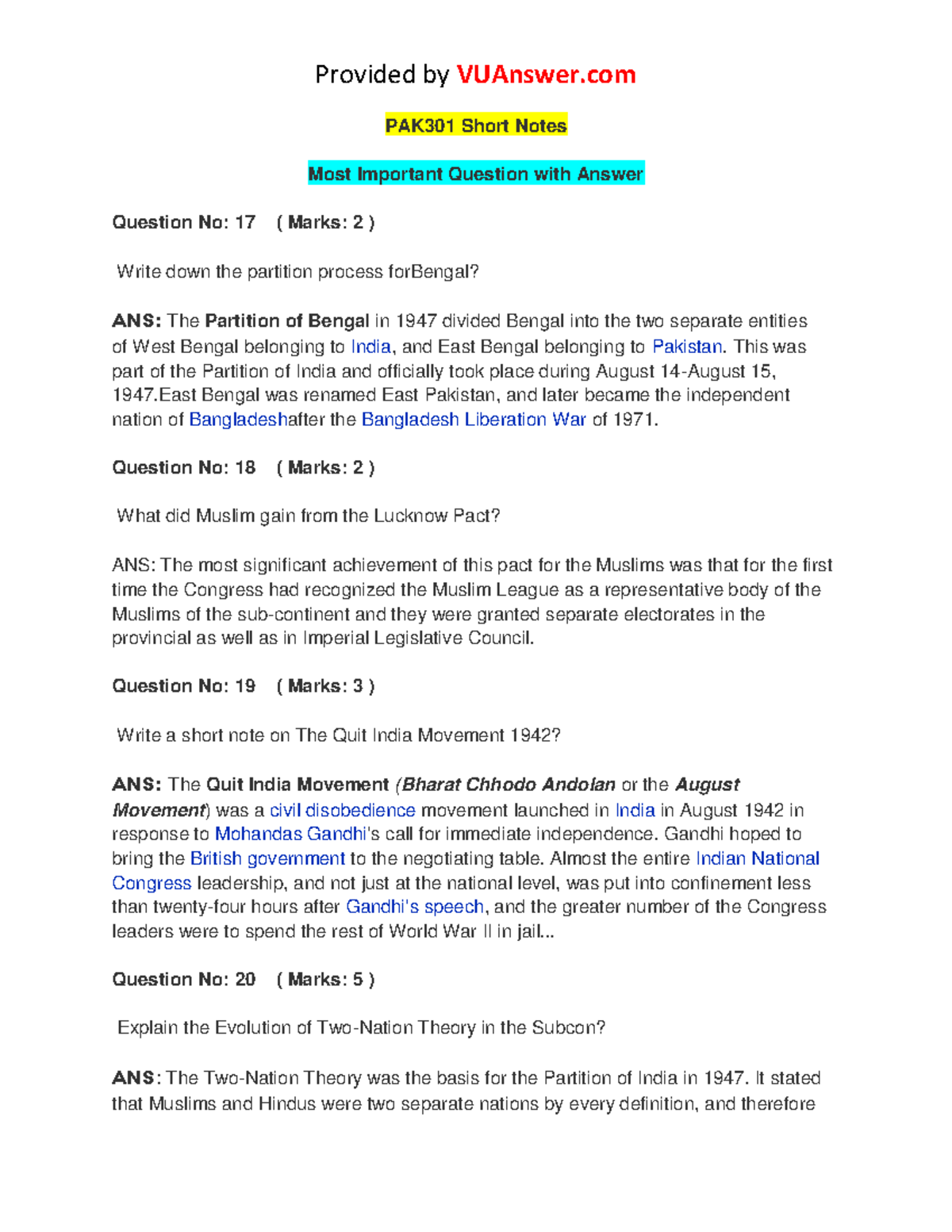 PAK 301 Short Notes (VUAnswer - PAK301 Short Notes Most Important ...