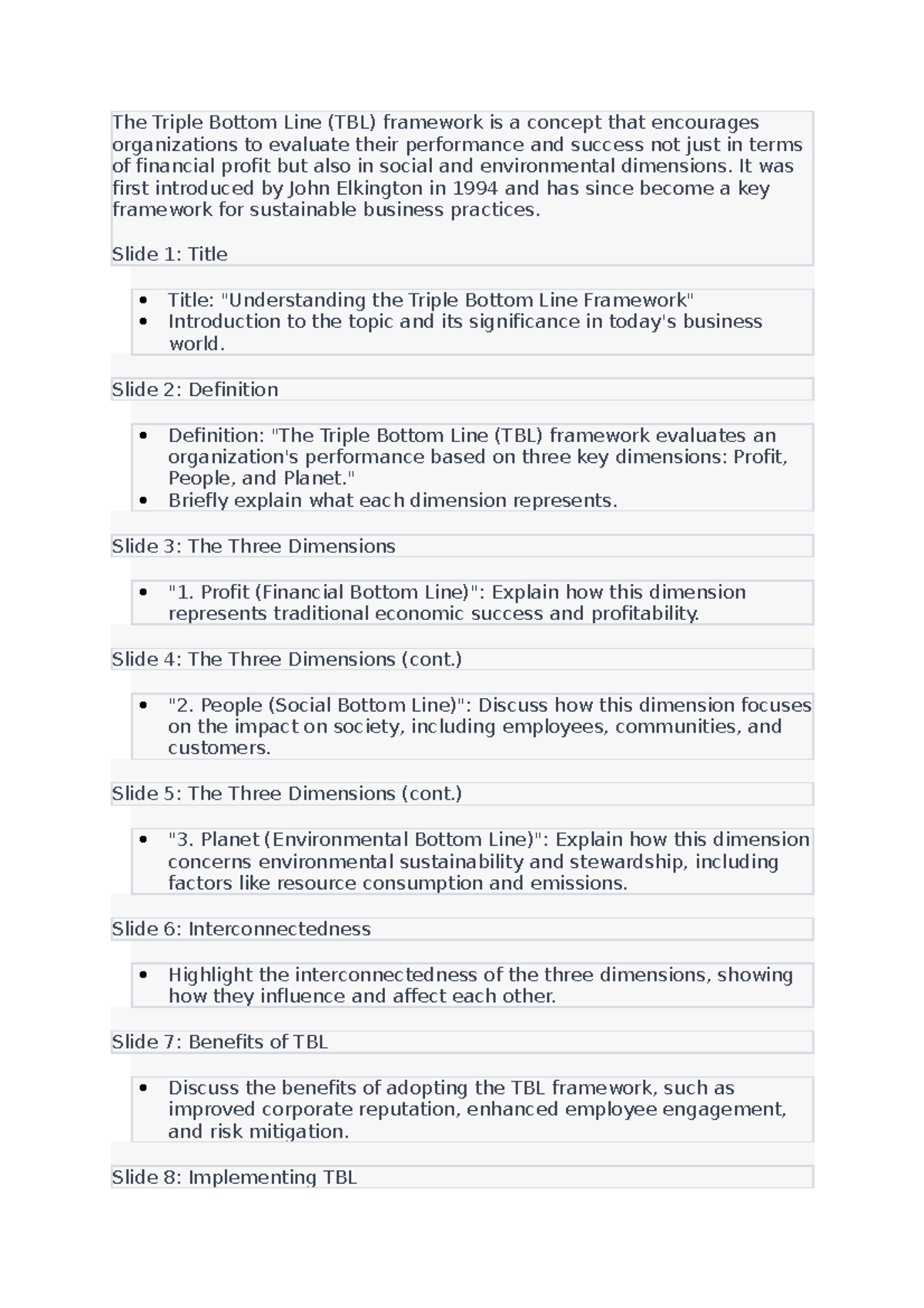 The Triple Bottom Line Outline - The Triple Bottom Line (TBL) framework ...