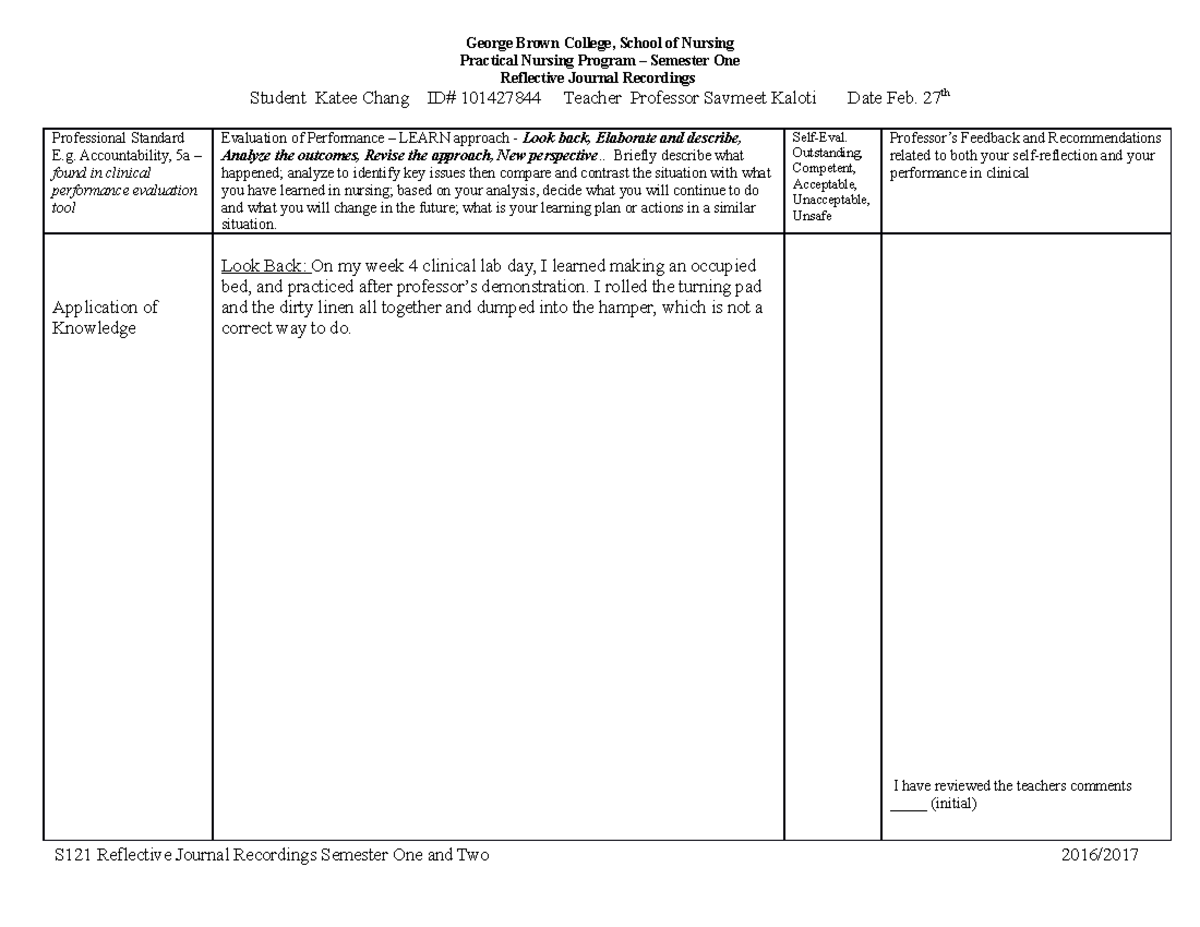 Reflective template - dfdfsfsdfsdfdsfdsf - George Brown College, School ...