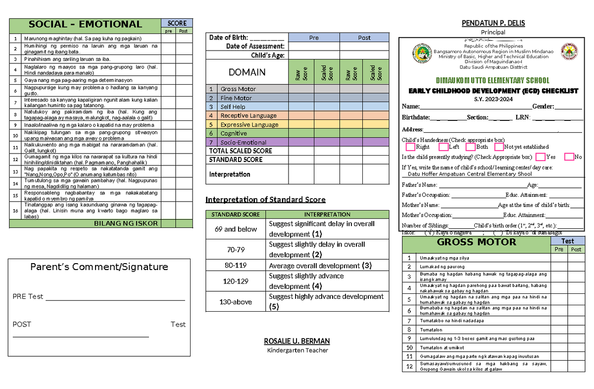 ECCD-2024-2025 - eccd for kindergarten - SOCIAL – EMOTIONAL SCORE pre ...