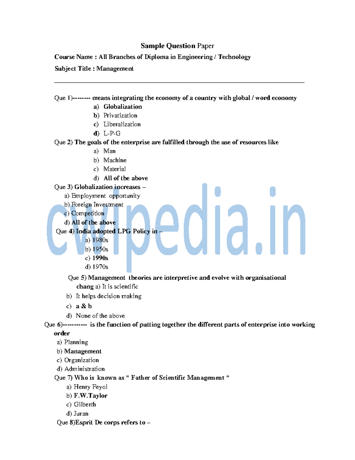 MAN 2 Q Bank - Management mcq - Sample Question Paper Course Name : All ...