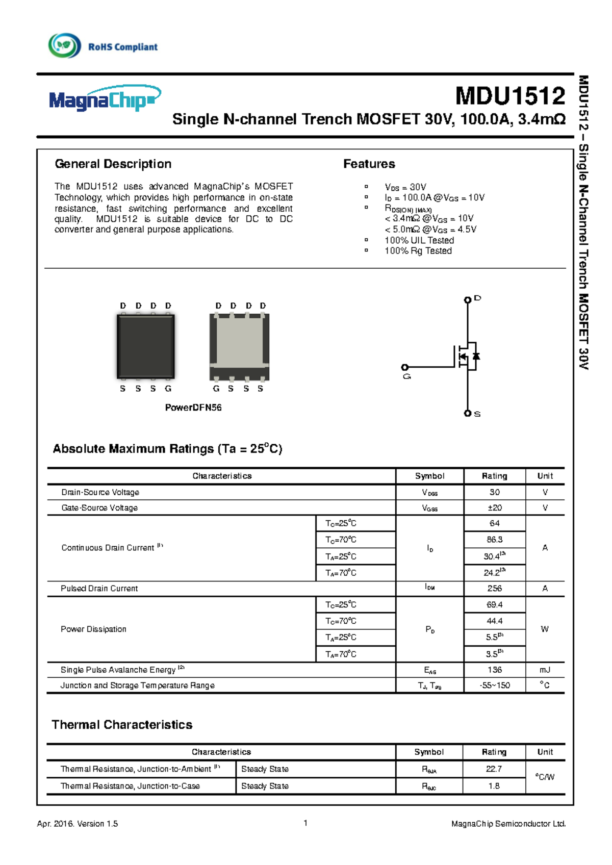 MDU1512 - asd - D U 2 – Single N - Channel Trench MOSFET 30V Absolute ...