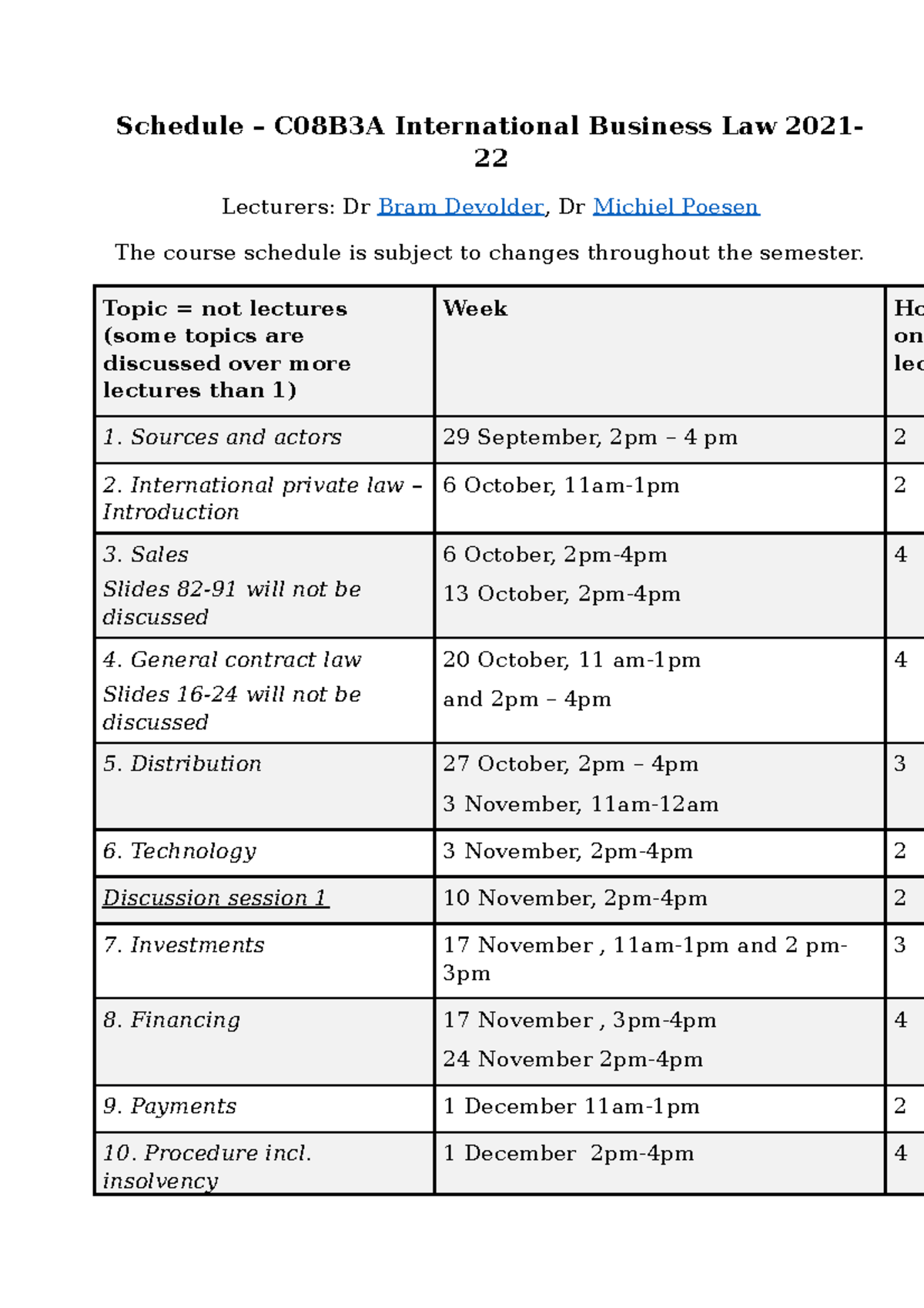 Session 1-2-3 of IBL - Schedule – C08B3A International Business Law ...
