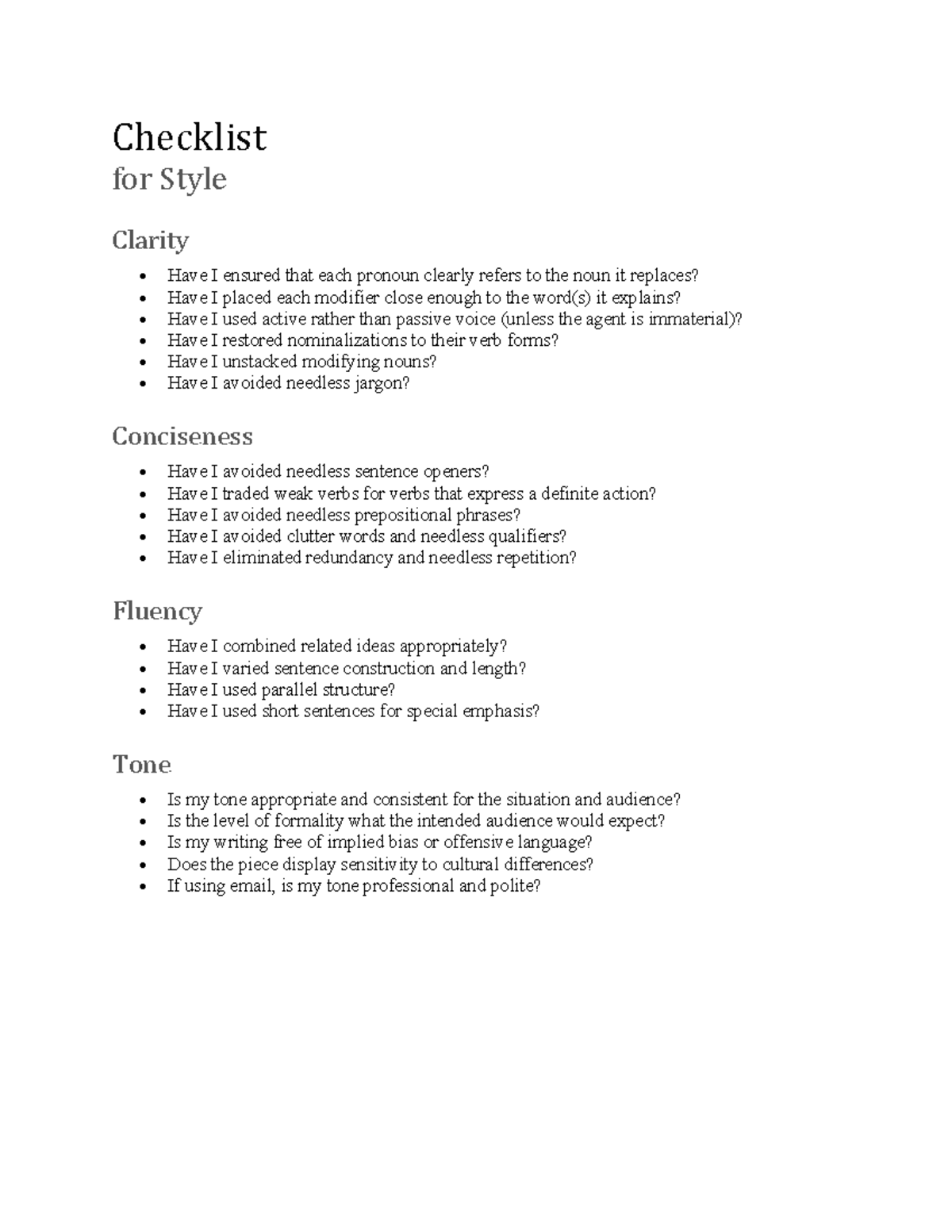 Checklist Readable Style - Checklist for Style Clarity • Have I ensured ...