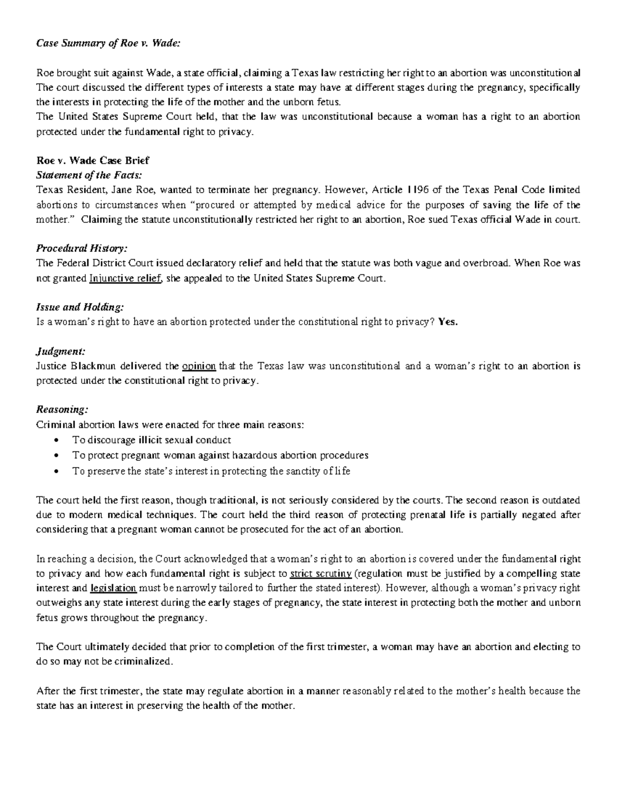 1. Roe-v-Wade-Digest - student year 1 - Case Summary of Roe v. Wade ...