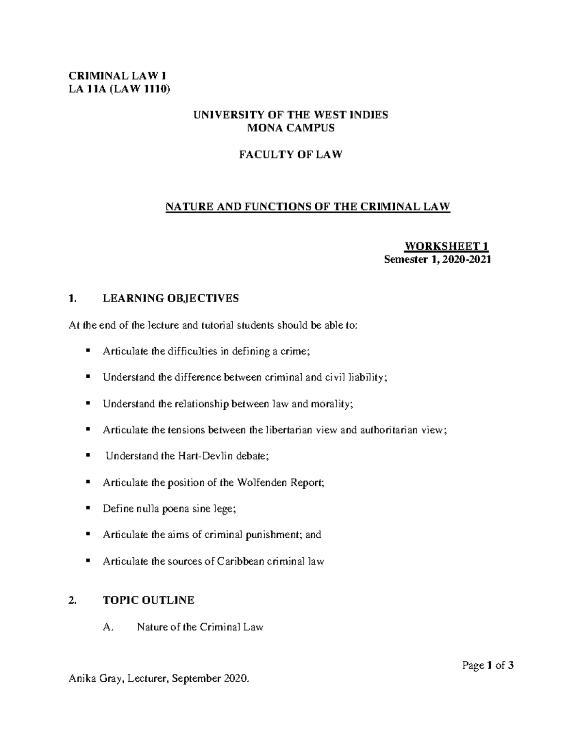 LAW1110 Worksheet 1 2021 - CRIMINAL LAW I LA 11A (LAW 1110) Page 1 of 3 ...