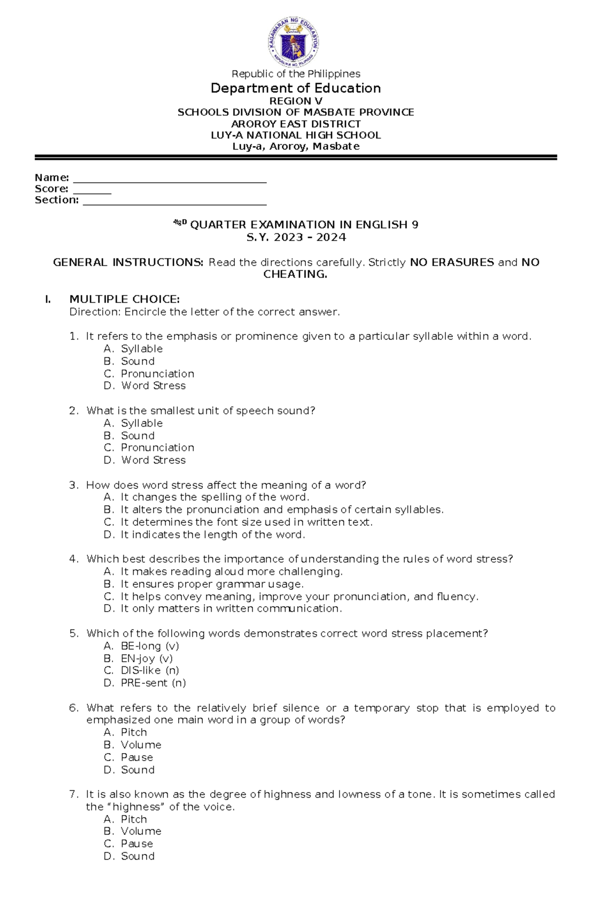 4th Examination TEST Questions - Republic of the Philippines Department ...