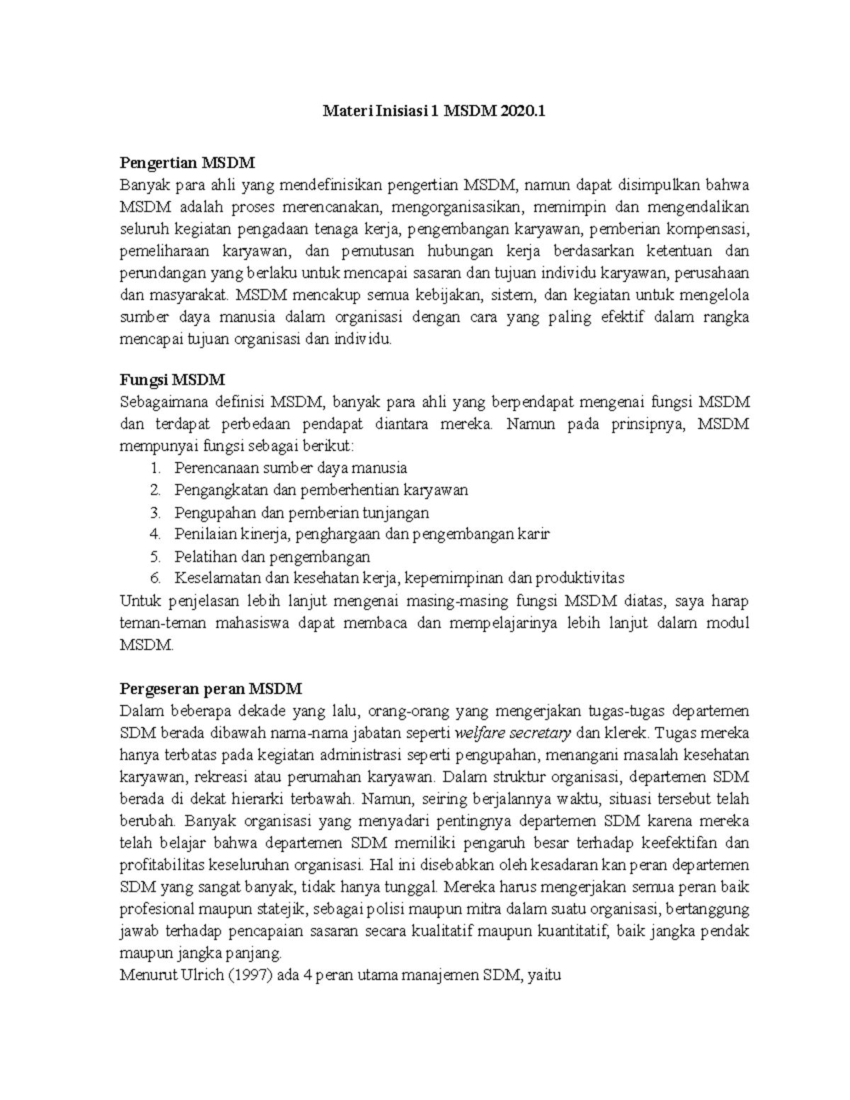 Inisiasi 1-MSDM-2020 - Pengertian Manajemen SDM, Fungsi MSDM dll ...