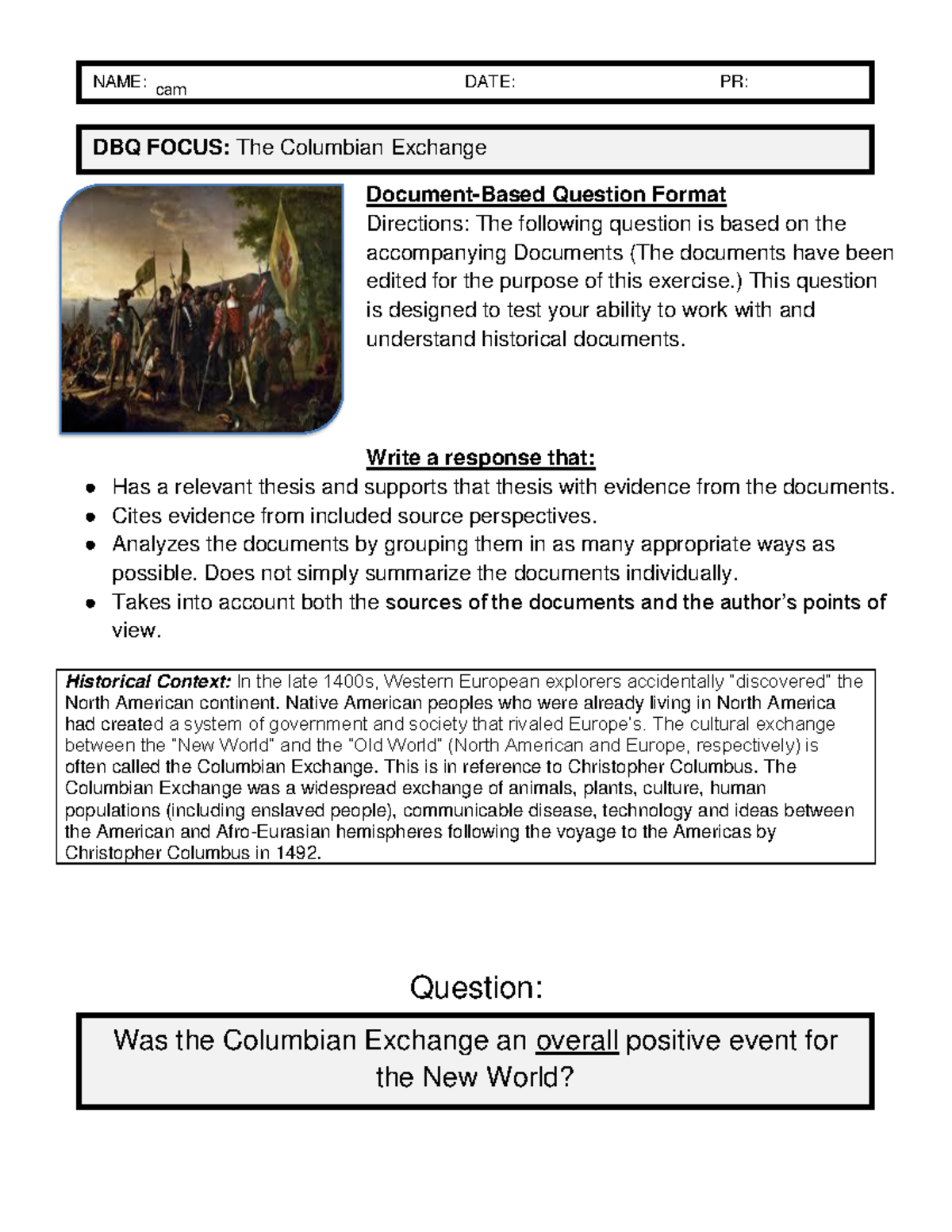 Columbian Exchange DBQ - Document-Based Question Format Directions: The ...
