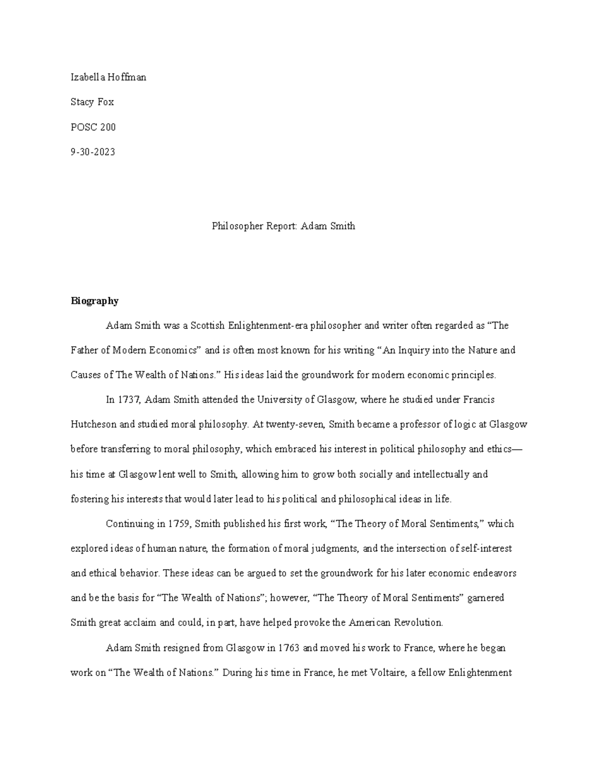 POSC- Philosopher Report - Izabella Hoffman Stacy Fox POSC 200 9-30- Philosopher Report: Adam ...