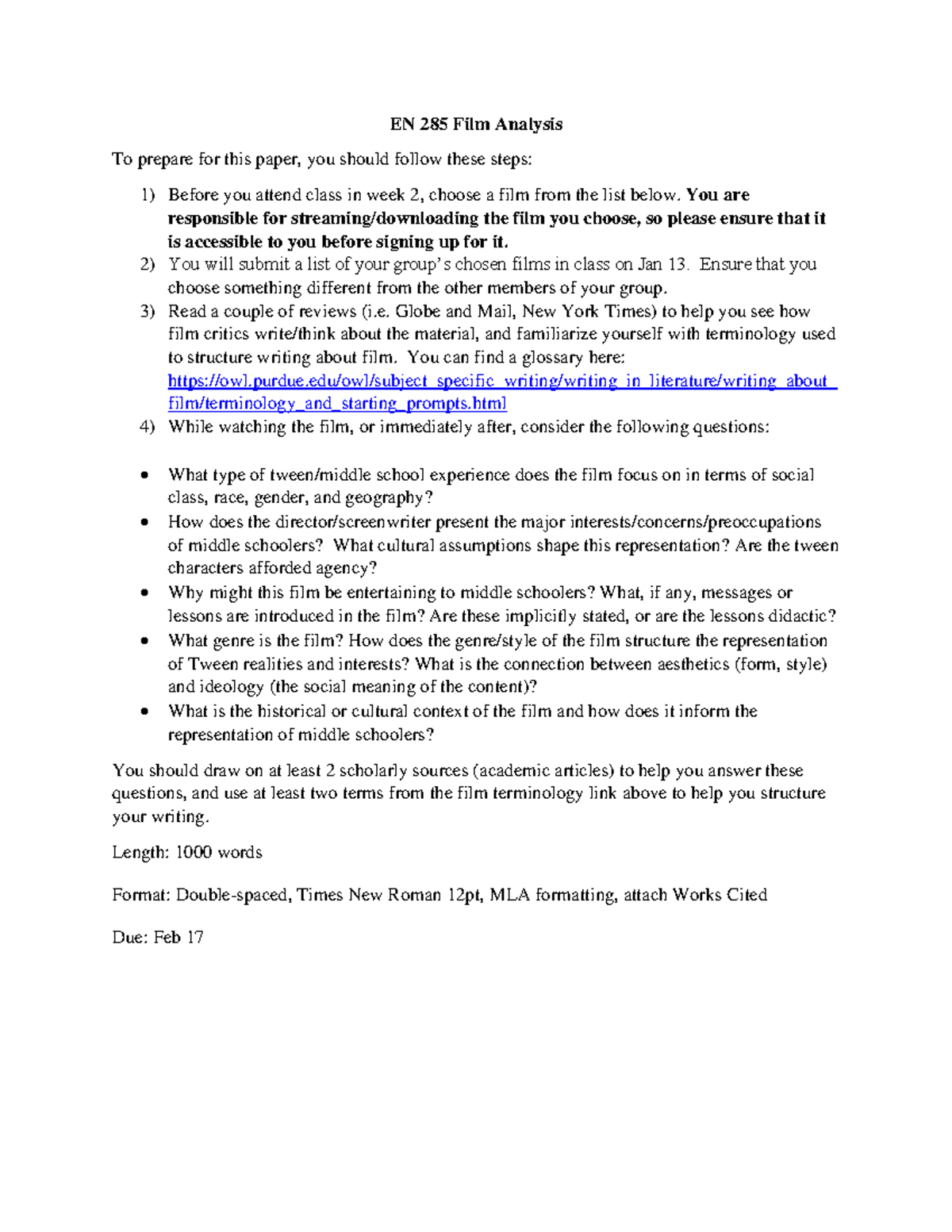 EN285 Winter 2022 Film Analysis - EN 285 Film Analysis To prepare for ...