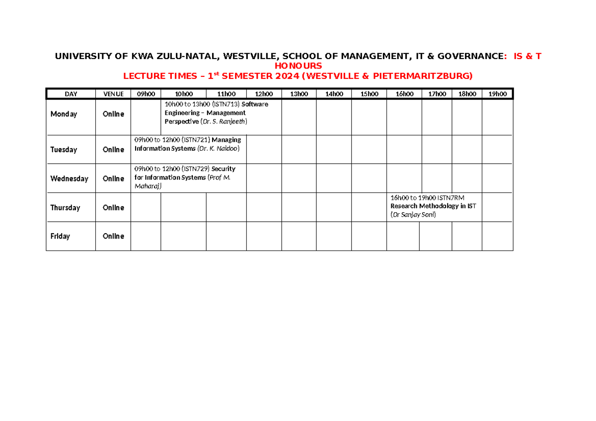 2024 Honours Lecture Timetable Semester 1 Wst And Pmb University Of