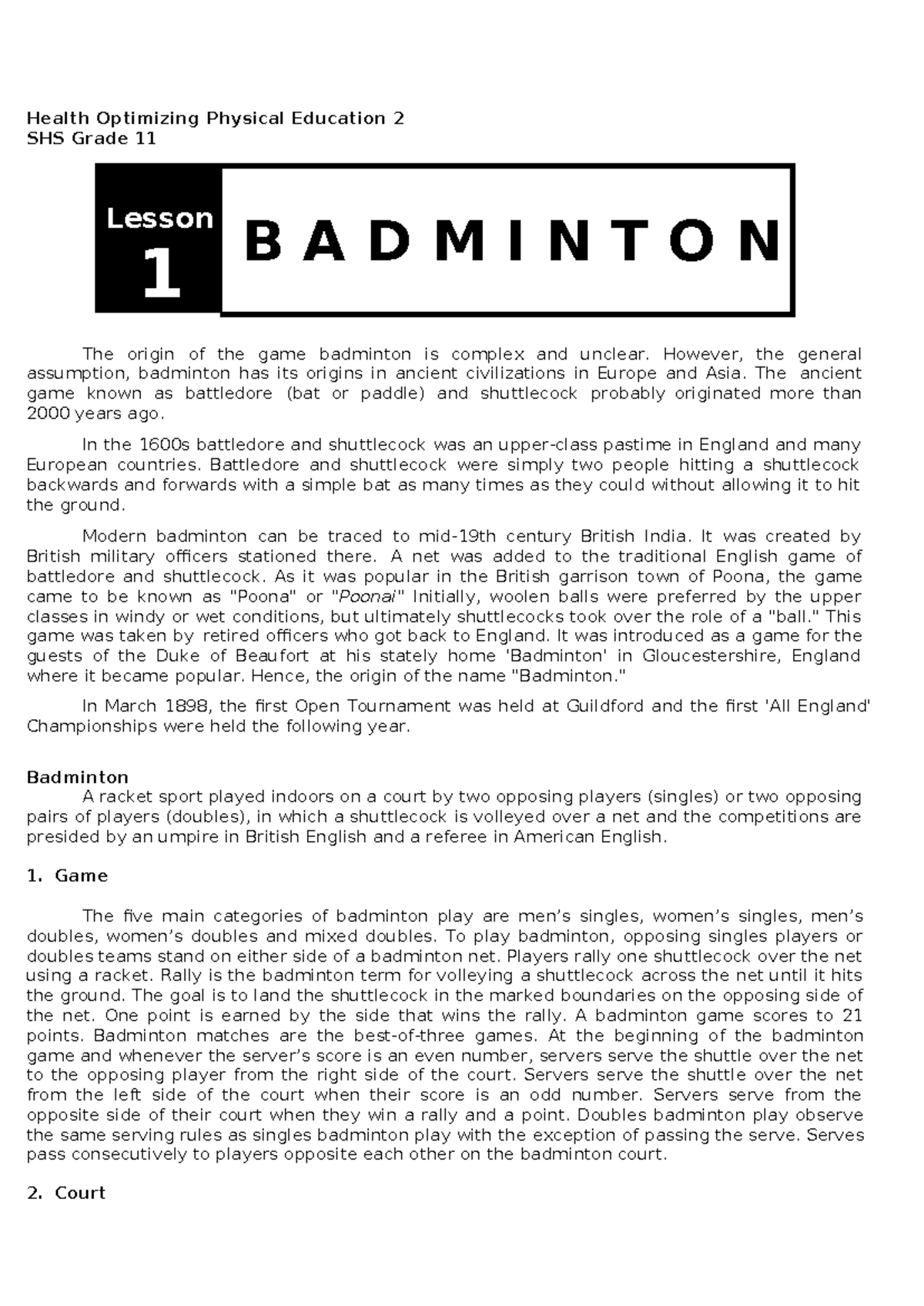 Badminton - Learning Materials - Health Optimizing Physical Education 2 ...