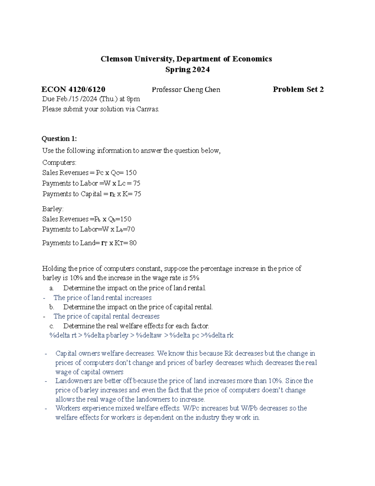 Ps 2 International Micro Econ 4120 - Clemson University, Department of ...