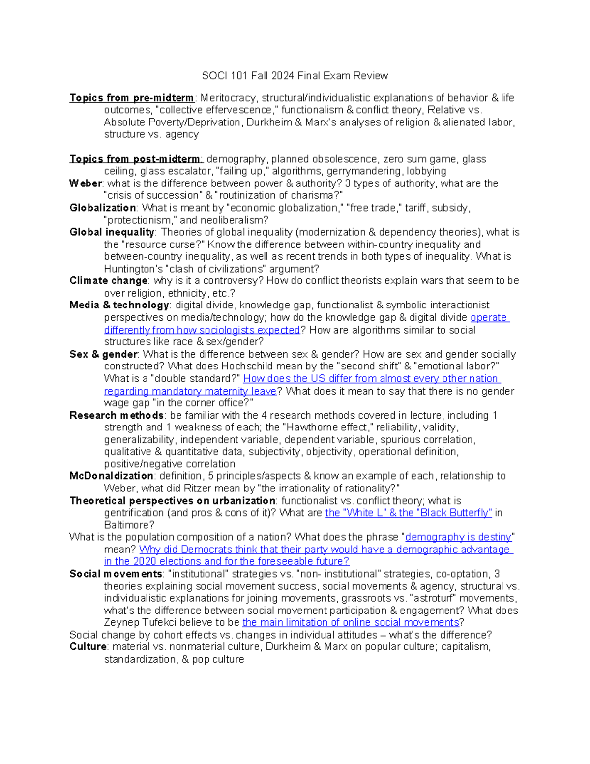 SOCI101 Final Review - 1611 - SOCI 101 Fall 2024 Final Exam Review Topics from pre-midterm ...