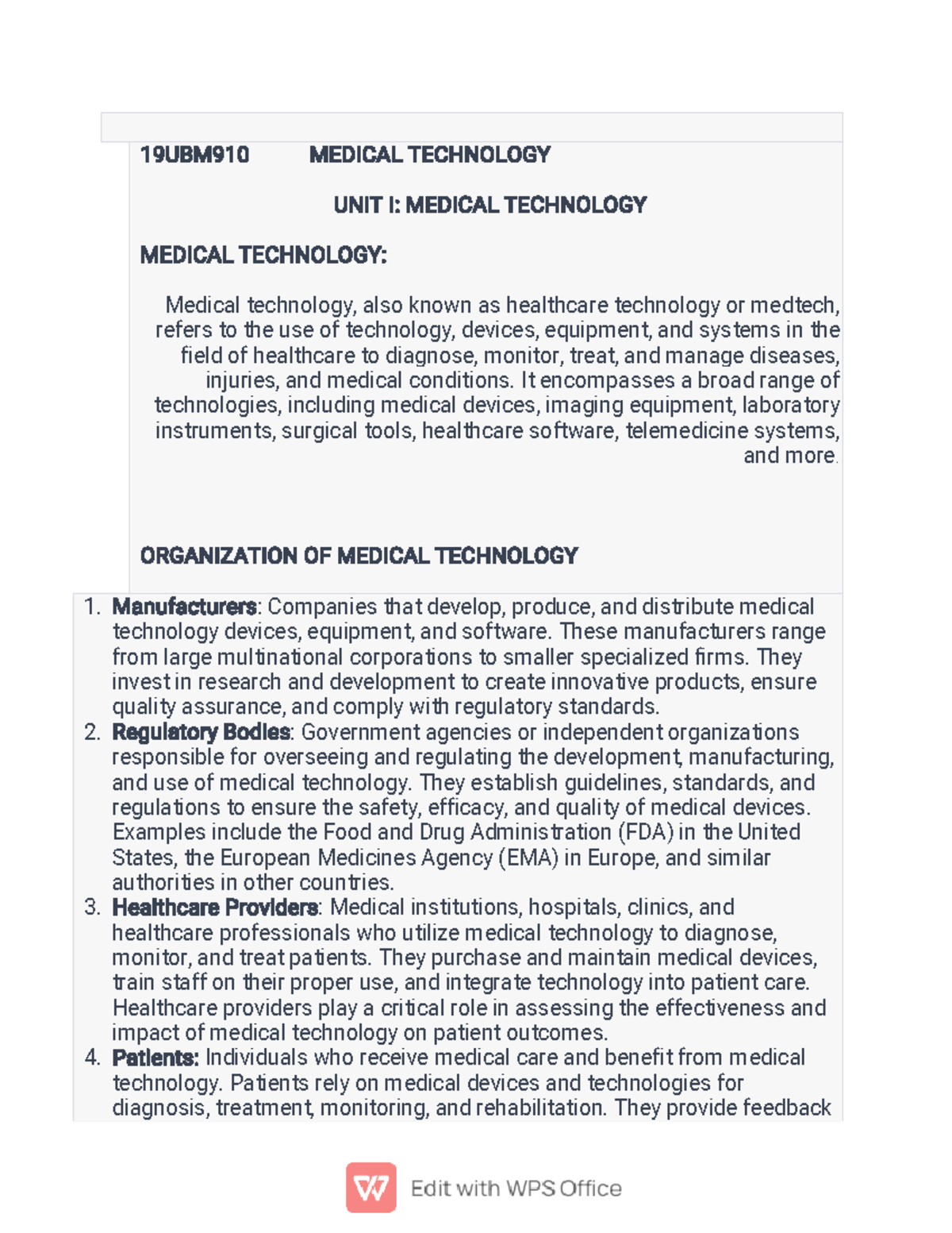 Medical technology notes - 19UBM910 MEDICAL TECHNOLOGY UNIT I: MEDICAL ...