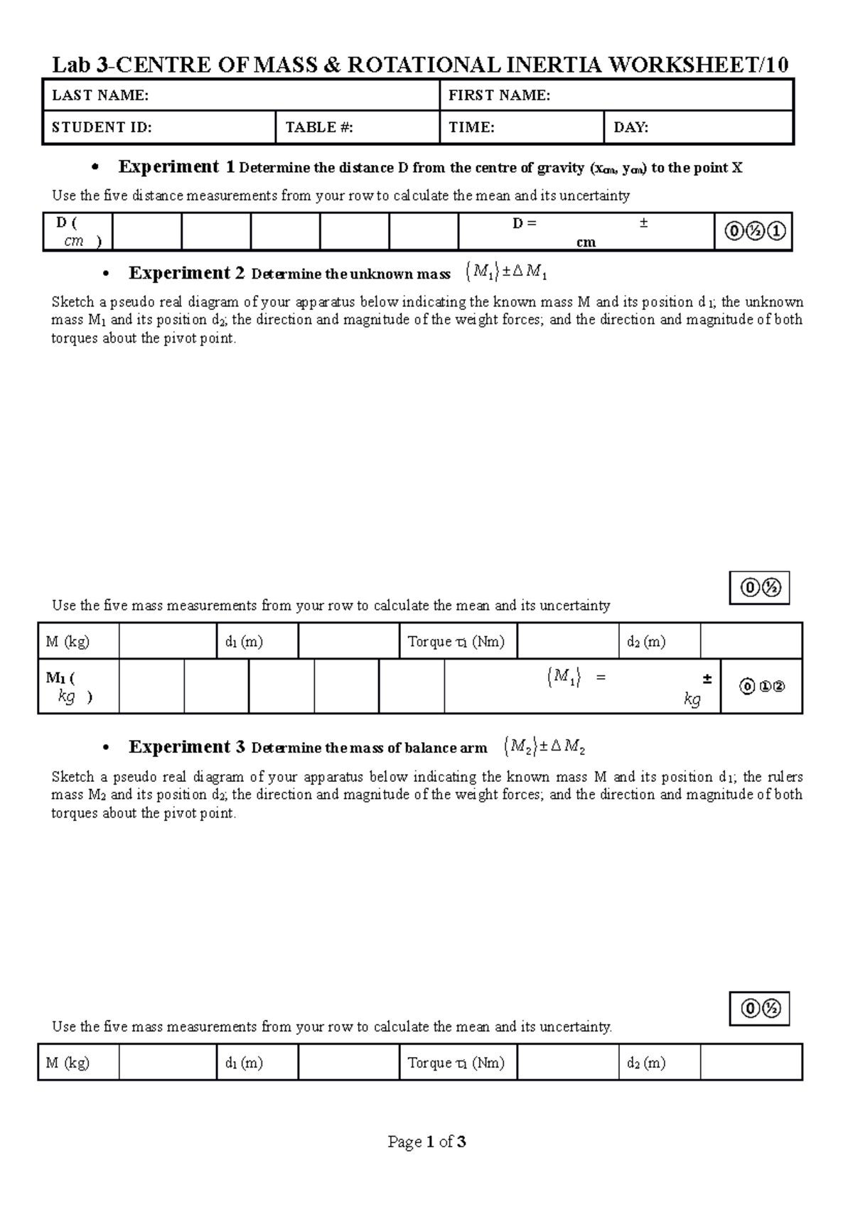 Lab 3- Centre OF MASS AND Rotational Inertia Worksheet V3 - Lab 3 ...