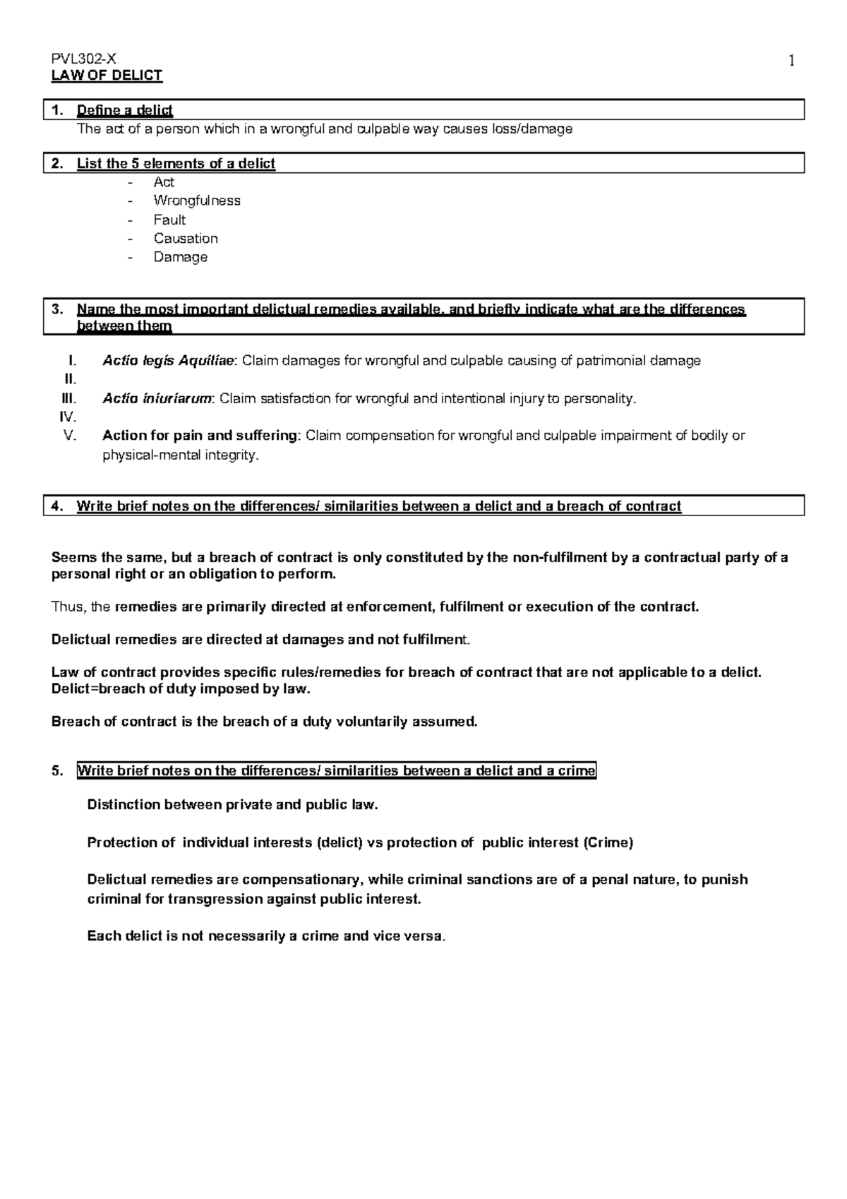 Law of Delict Quicknotes - LAW OF DELICT Define a delict The act of a ...
