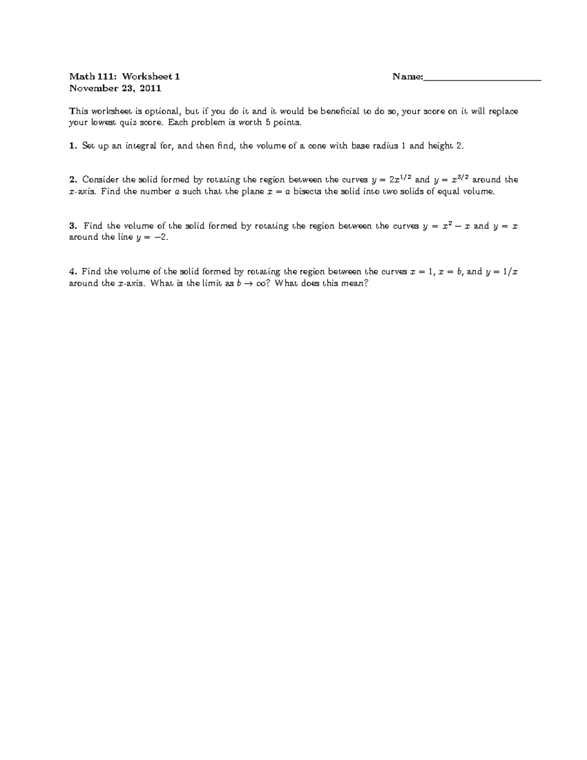 Worksheet 1 - Math Worksheet 1 November 23, 2011 Name: This worksheet ...
