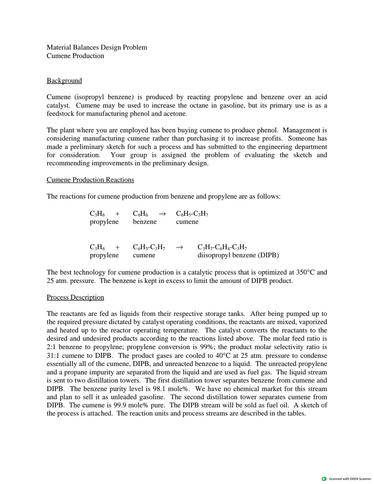 Cumene Production - Synthesis of Organic and Inorganic Compounds - Studocu