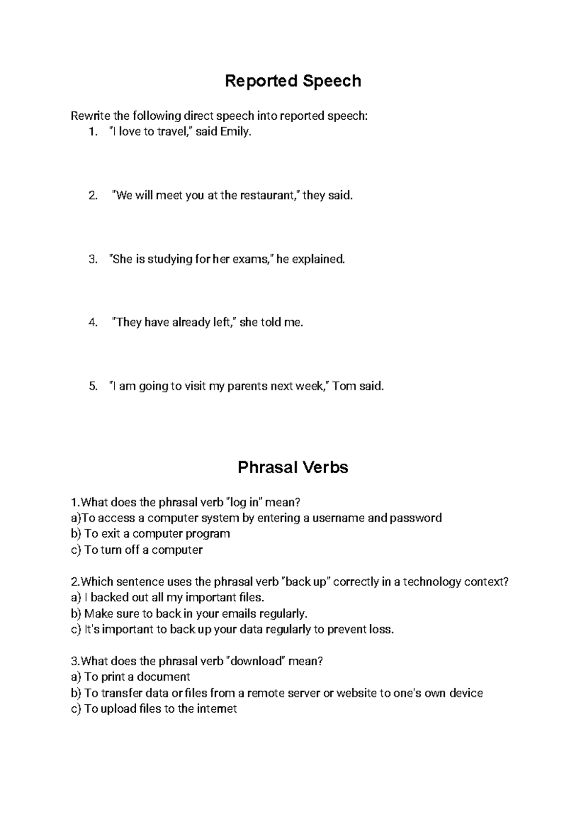 Reported Speech - Ficha de Trabalho - Reported Speech Rewrite the ...