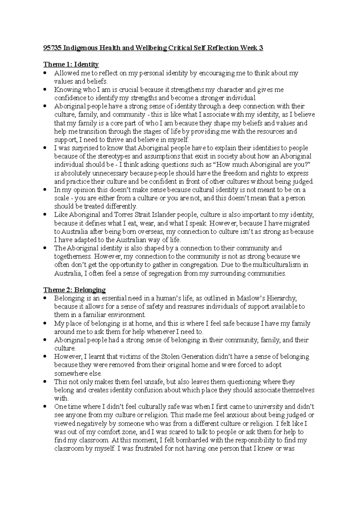 95735 Indigenous Health and Wellbeing Critical Self Reflection Week 3 ...