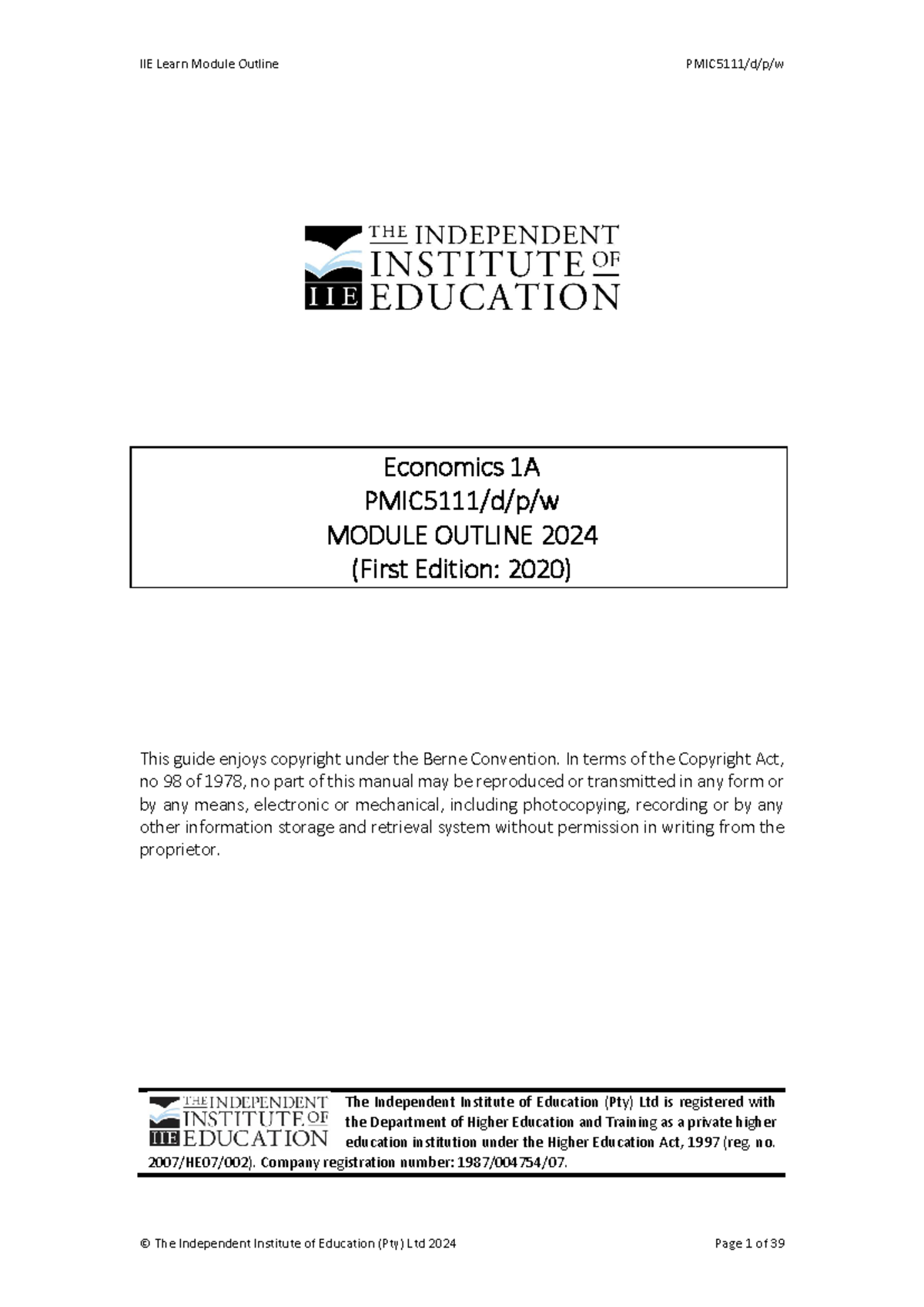 PMIC5111 MO 2024 - Economics 1A 2024 Module Outline - Economics 1A ...