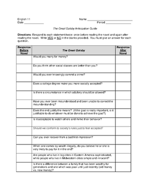 The Great Gatsby Anticipation Guide - English 11 Rodriguez The Great ...