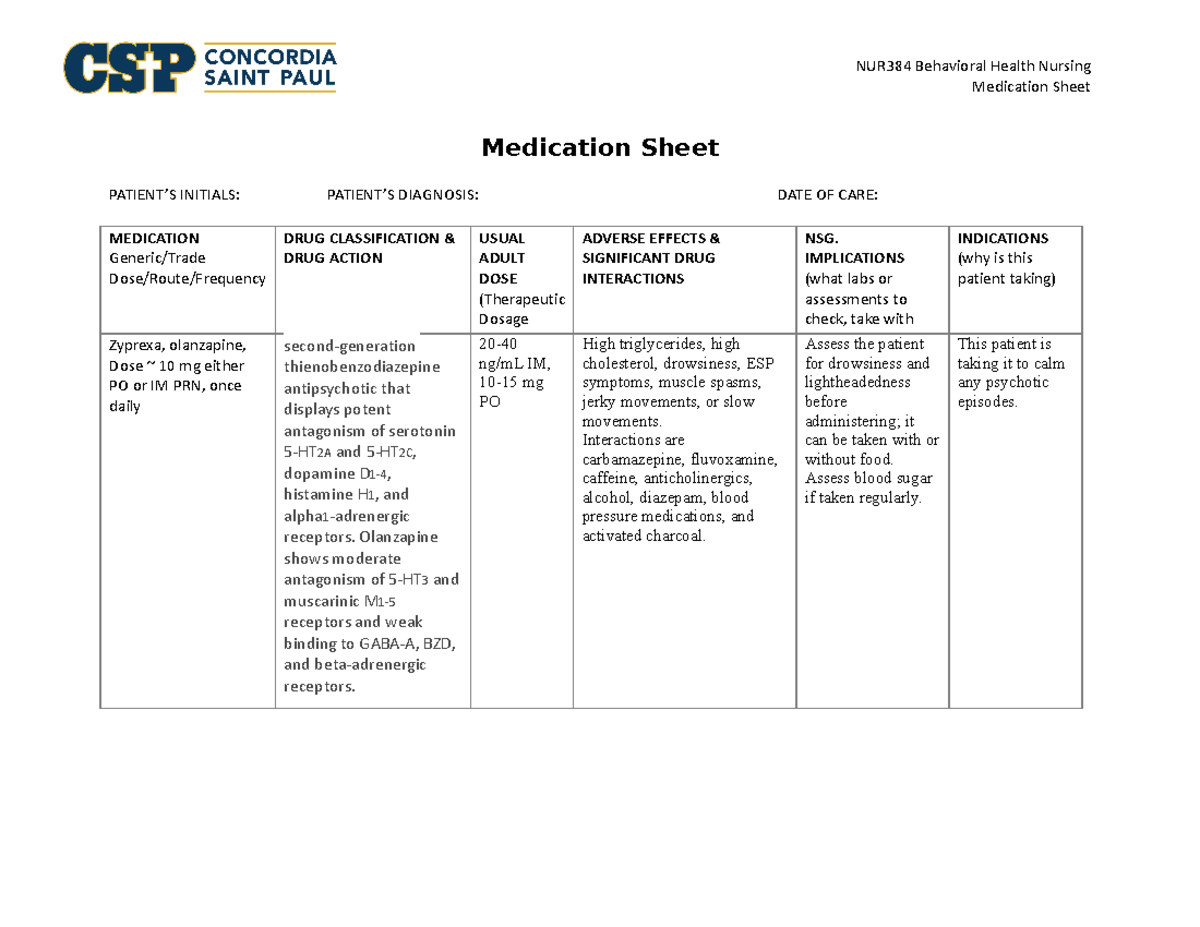 NUR384 Medication Sheet - NUR384 Behavioral Health Nursing Medication ...