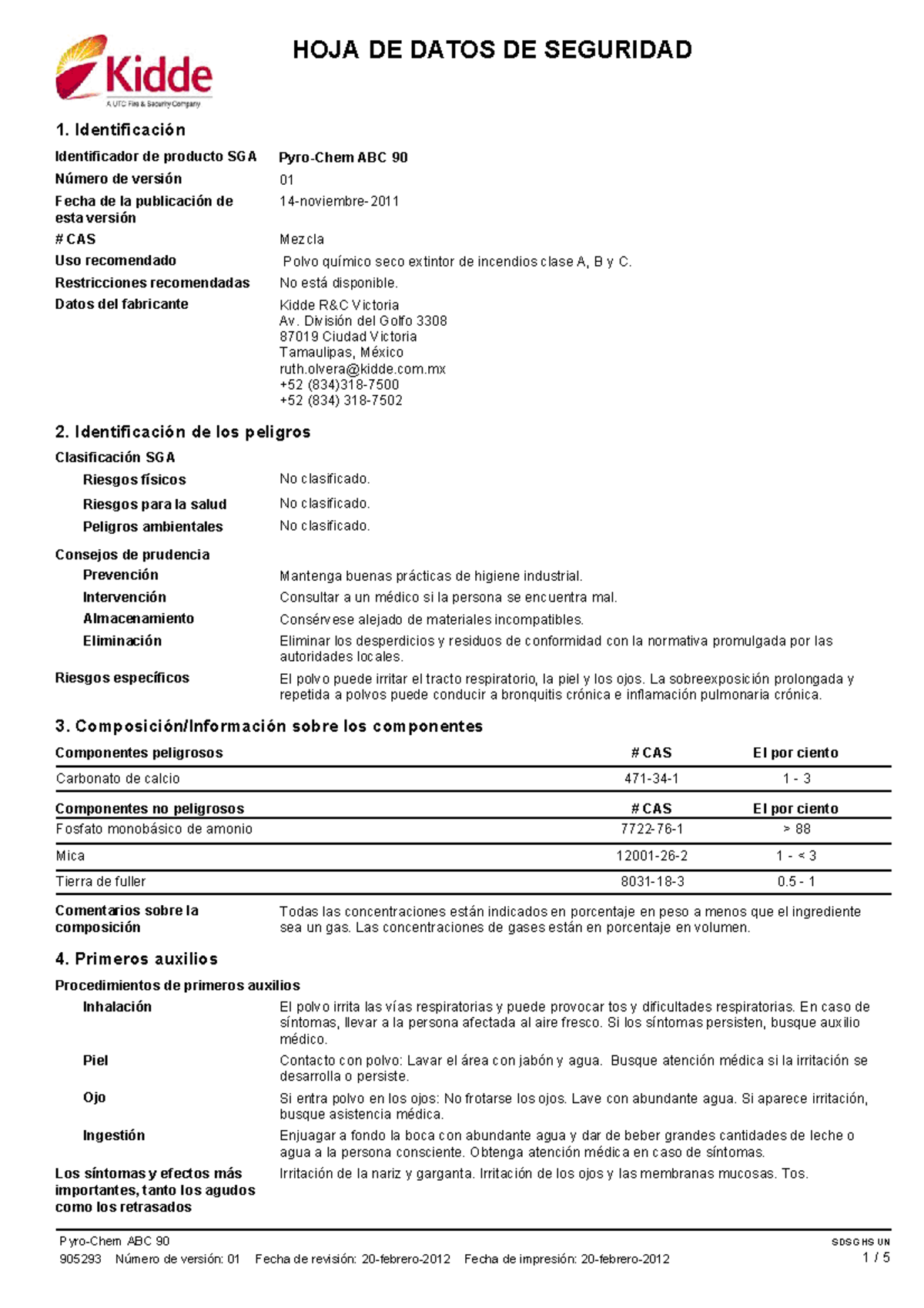 HOJA DE Seguridad Pyrochem - HOJA DE DATOS DE SEGURIDAD 1 ...
