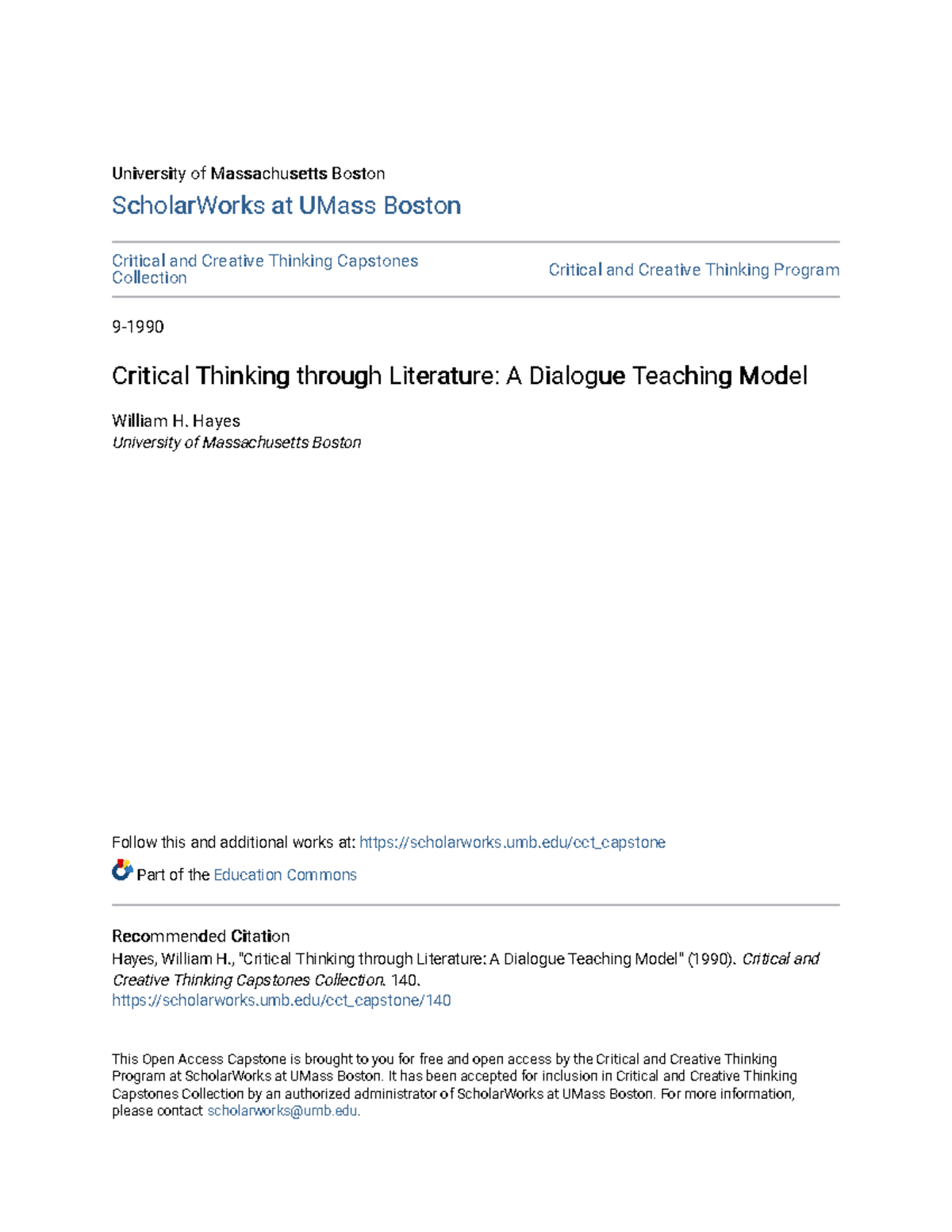 Critical Thinking through Literature A Dialogue Teaching Model ...