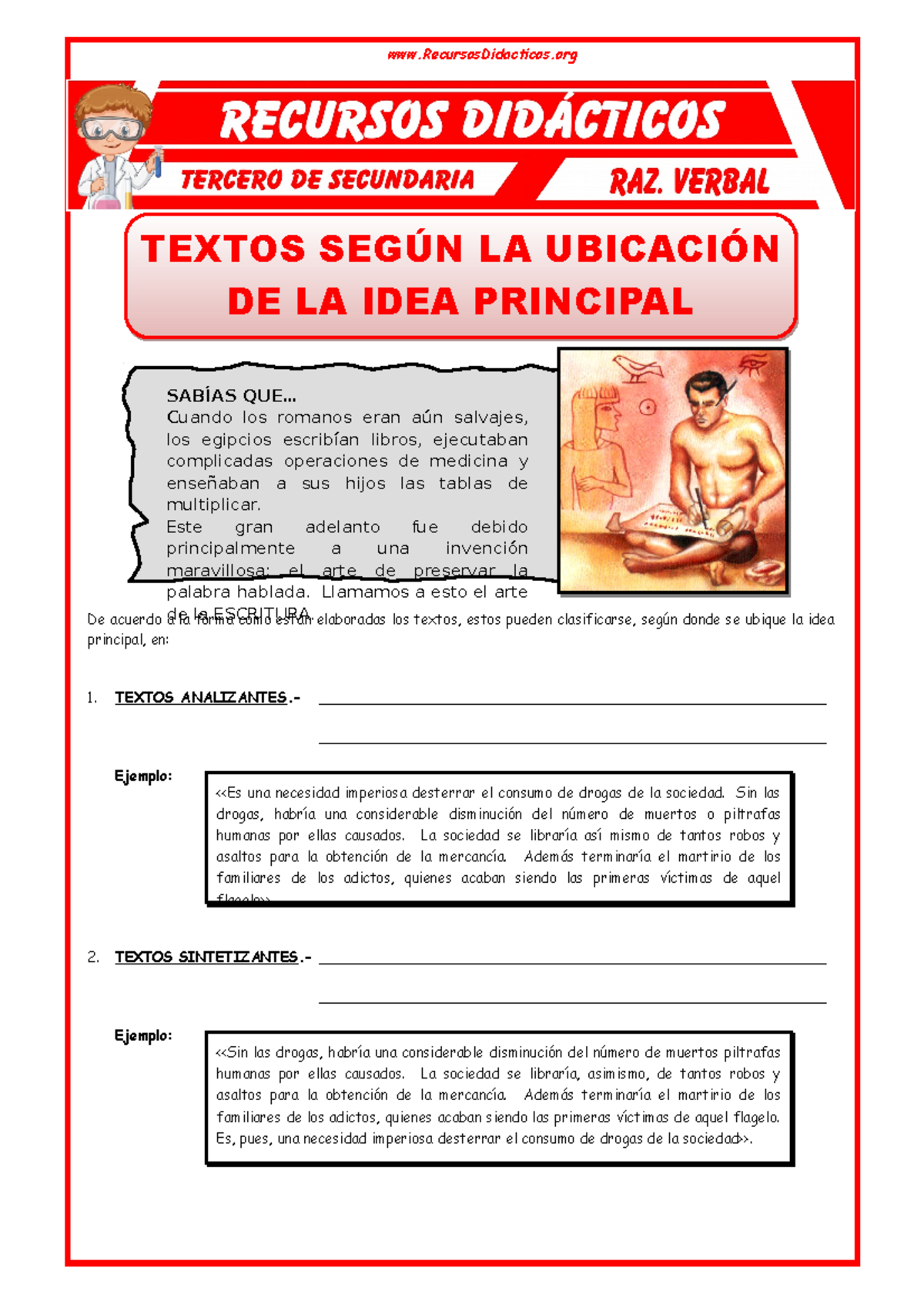 Ubicación de la Idea Principal para tercero de Secundaria - TEXTOS ...