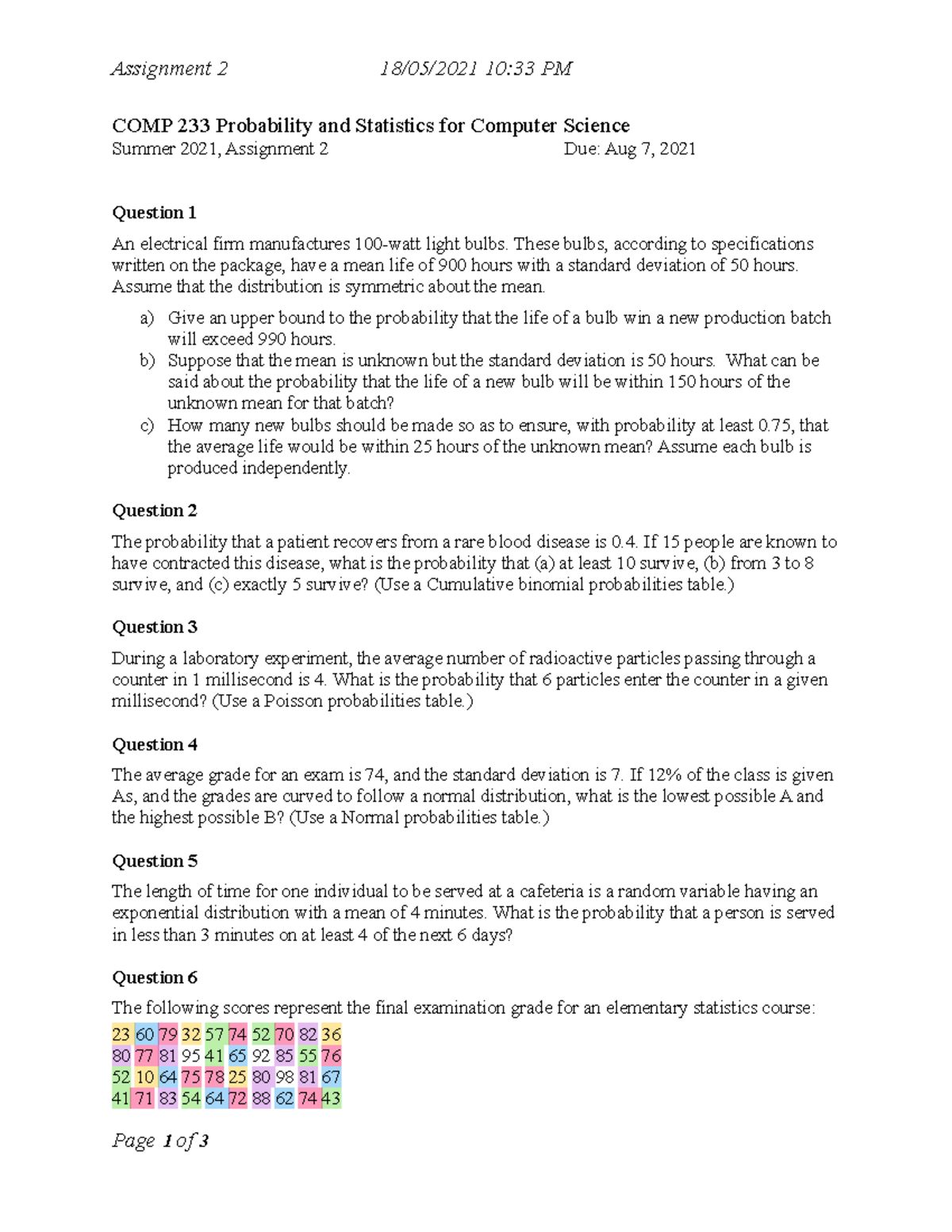 COMP233 Summer 2021 Assignment 2 - Assignment 2 18/05/2021 10:33 PM COMP 233 Probability and ...