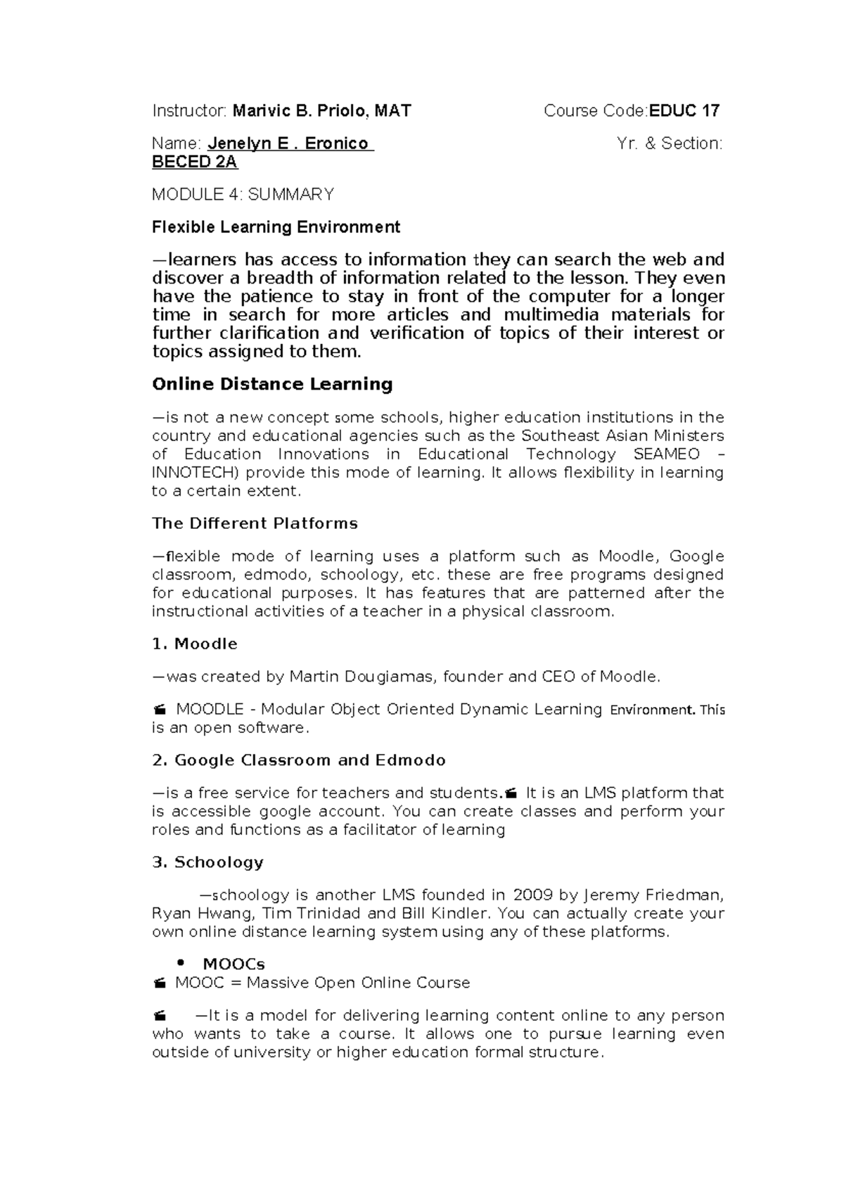 Summary in Educ 17 - Instructor: Marivic B. Priolo, MAT Course Code ...