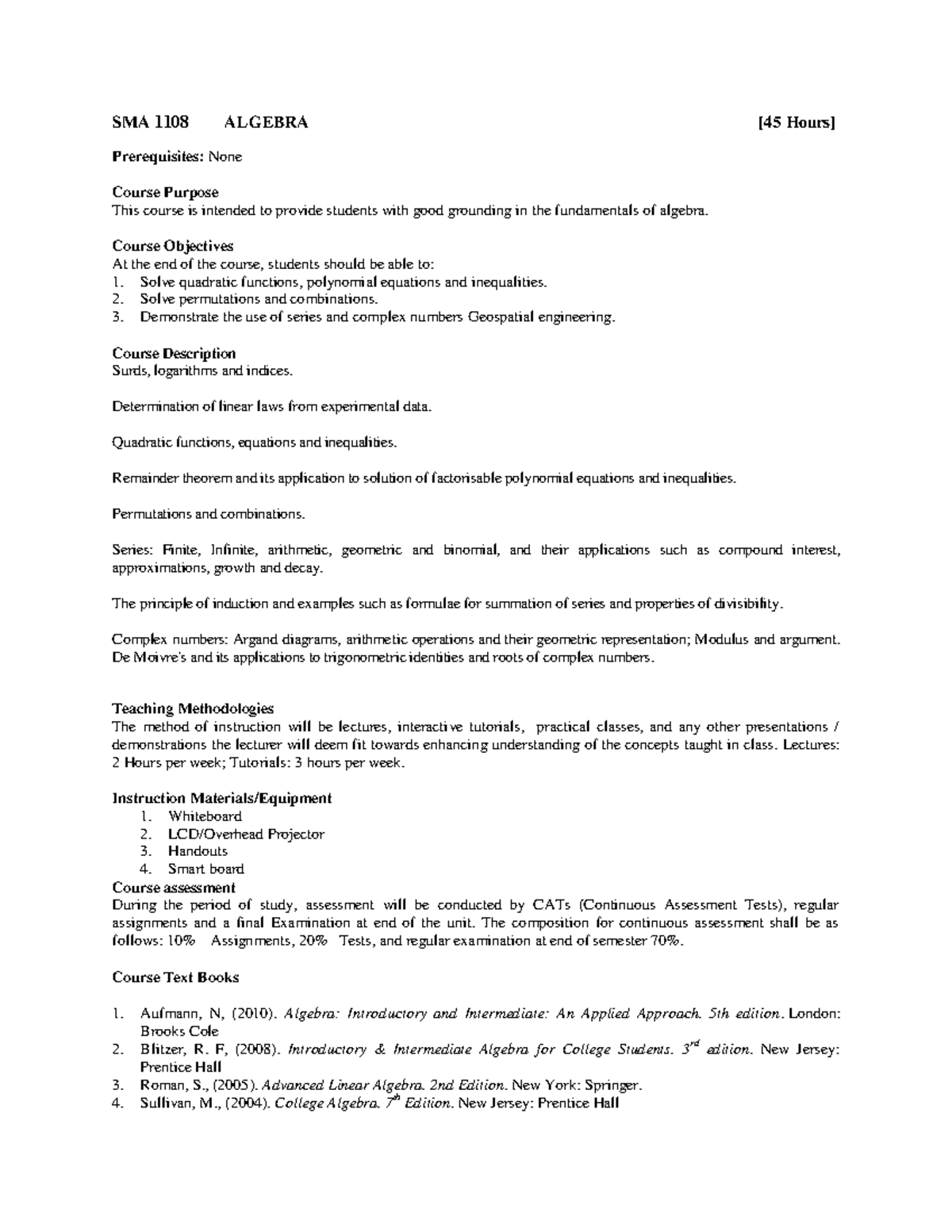 SMA 1108- Algebra course outline - SMA 1108 ALGEBRA [45 Hours ...