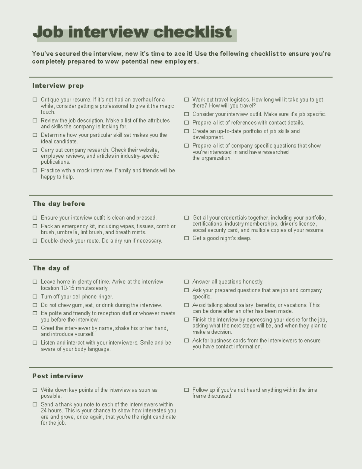 Job interview checklist - Job interview checklist You’ve secured the ...