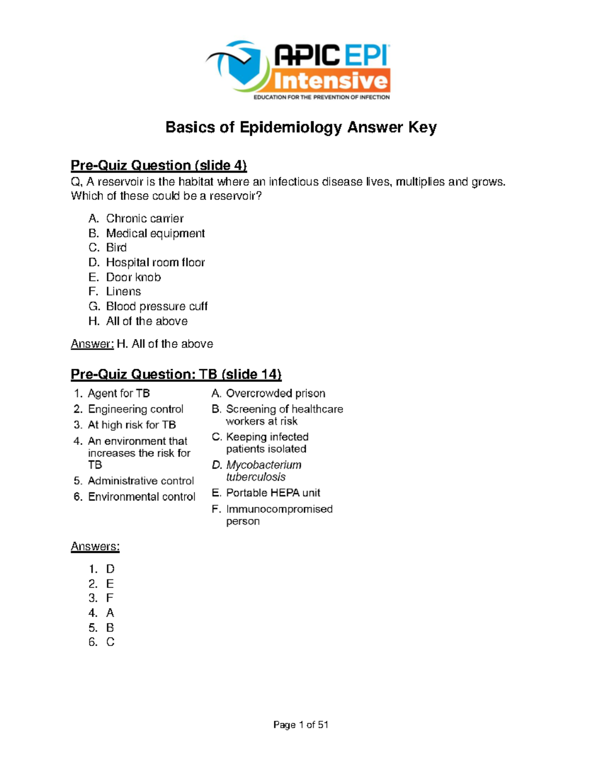 EPI Intensive Case Scenario and Exercise Answer Key 2018 - Basics of ...
