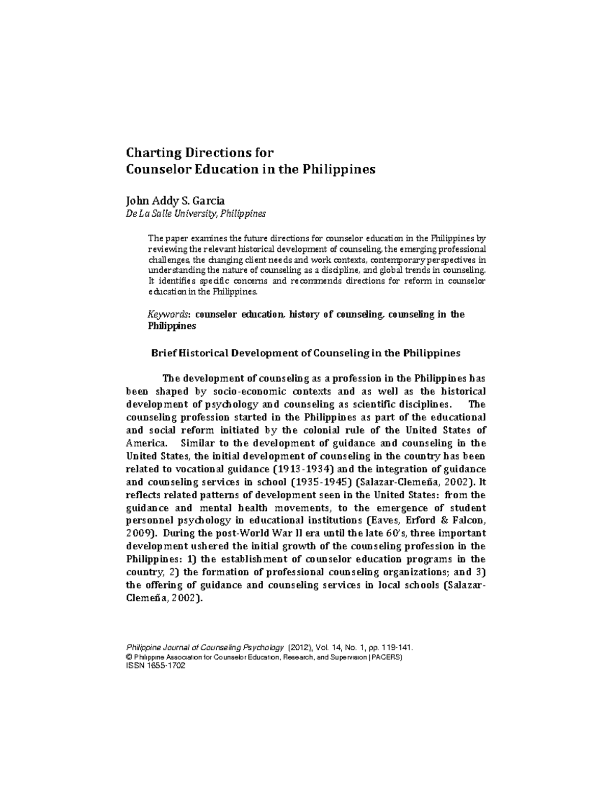 Charting Directionsfor Counselor Educationinthe Philippines ...